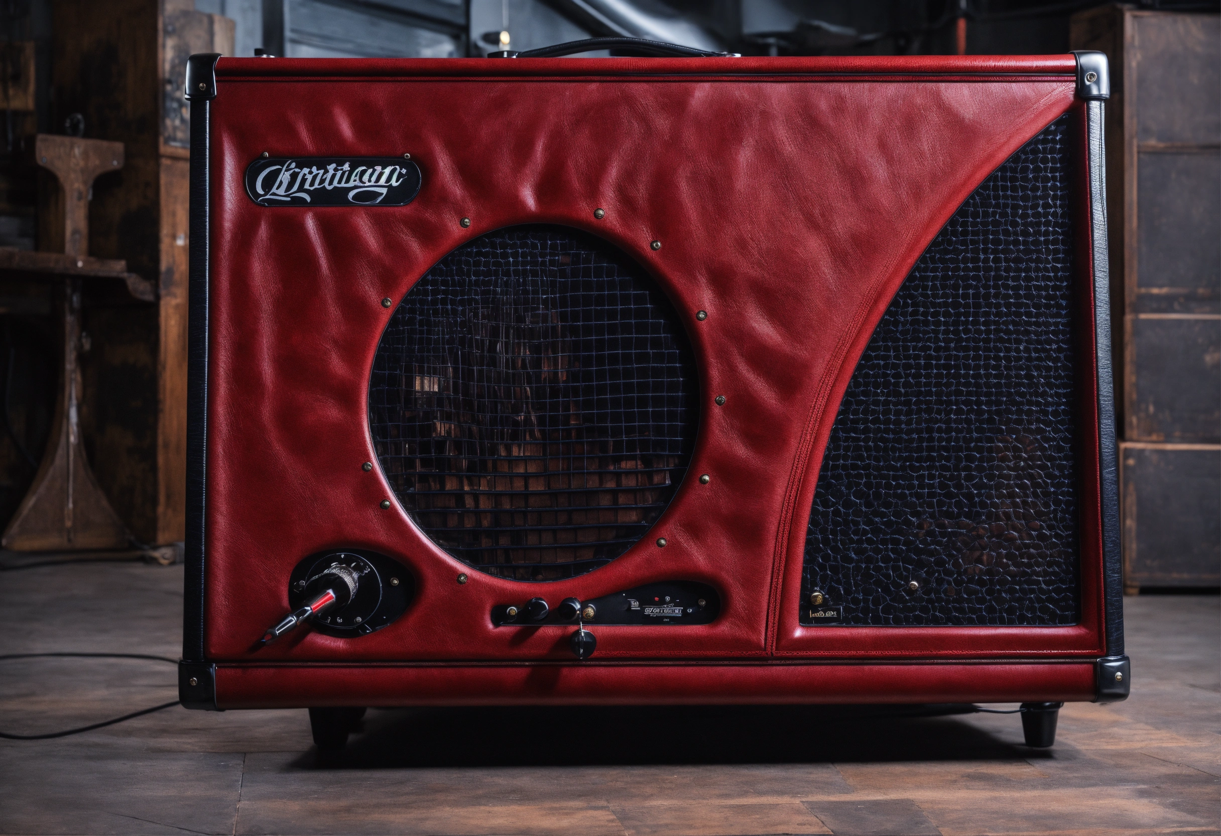 Lexica - A gigantic triangular shaped red leather guitar amplifier.