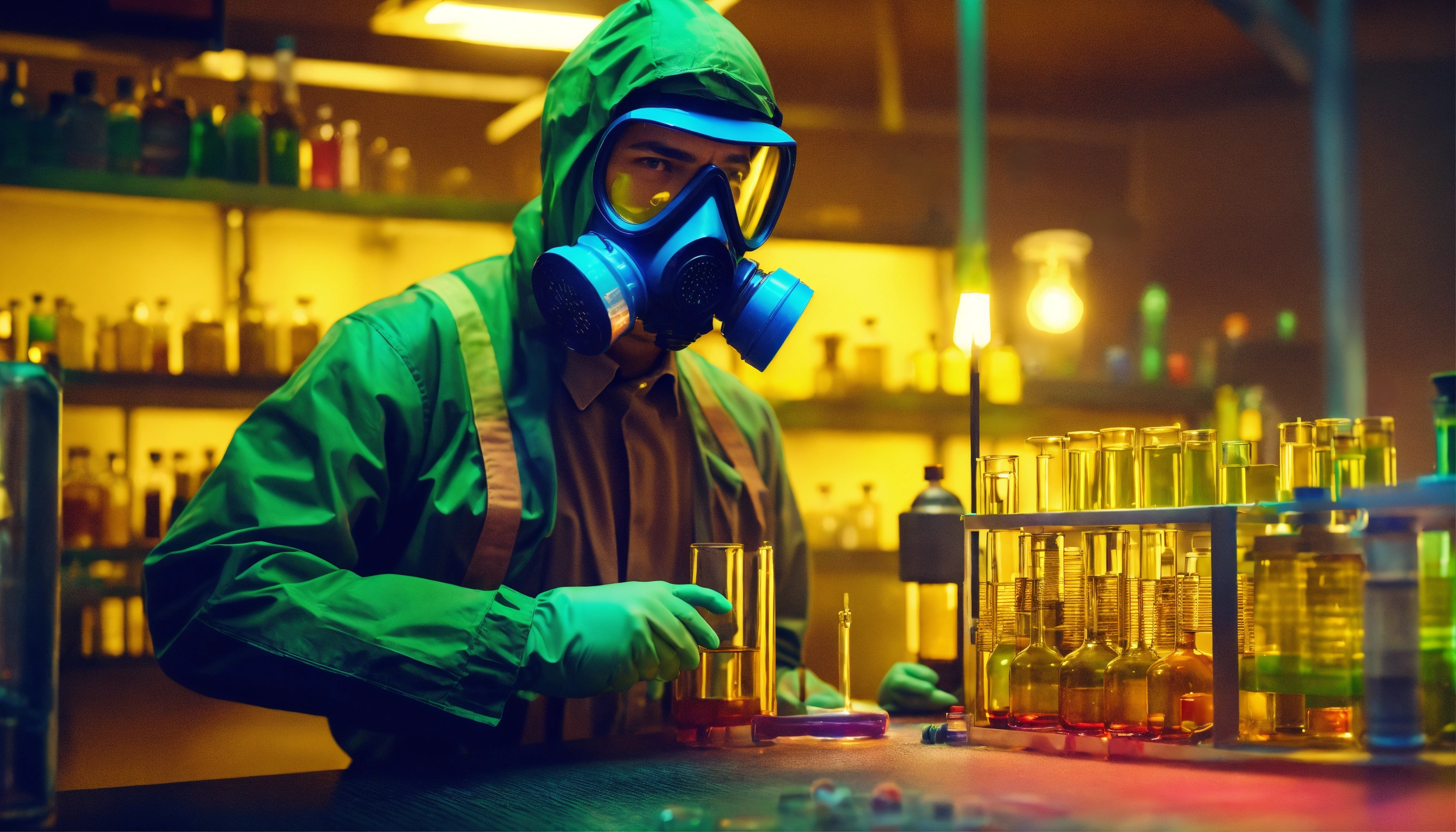 Lexica - Toxic. crazy man chemist wearing gas mask. working in a modern ...