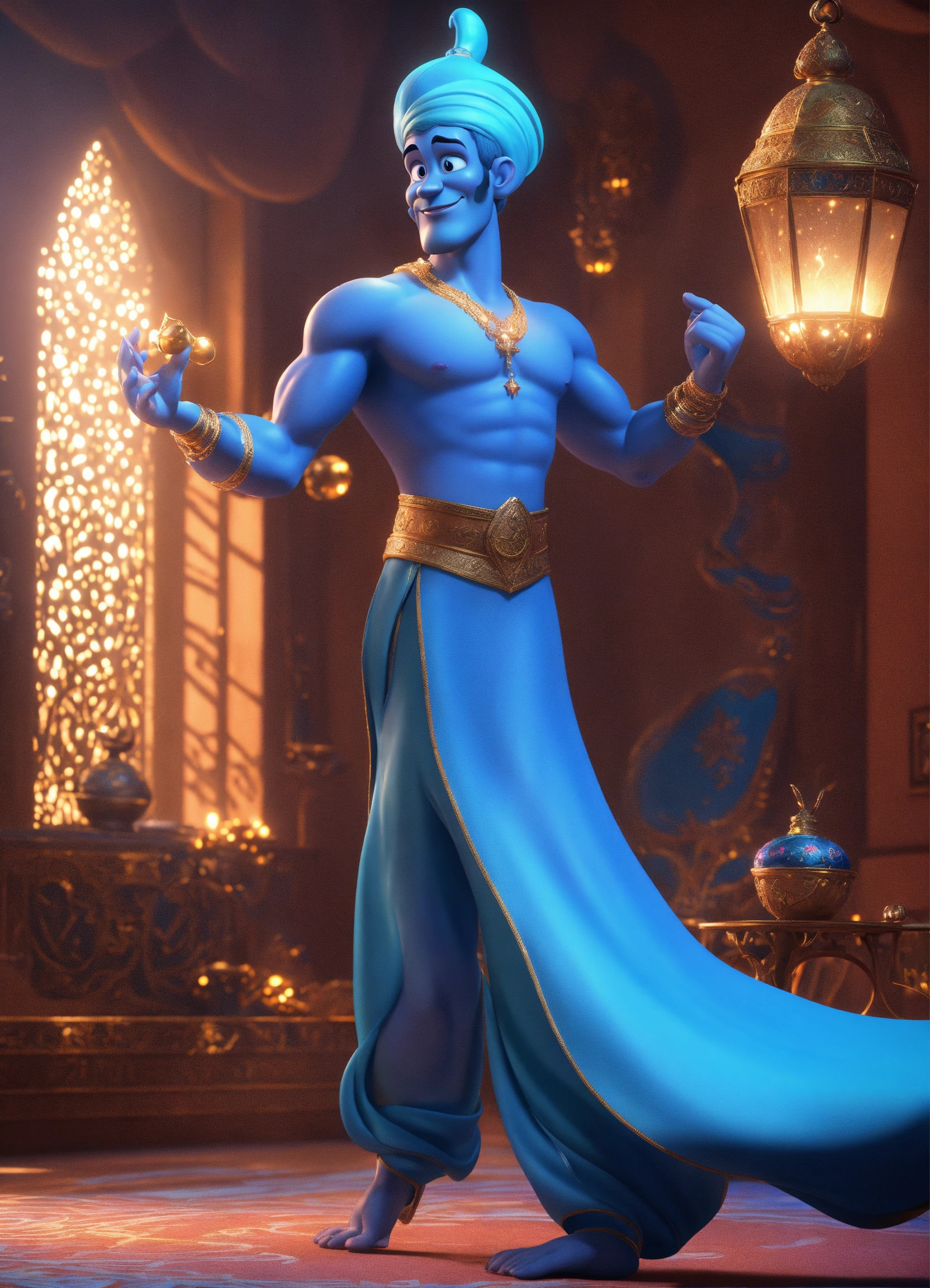 Lexica - Create a 3D rendering of a magical blue Arabian male genie ...
