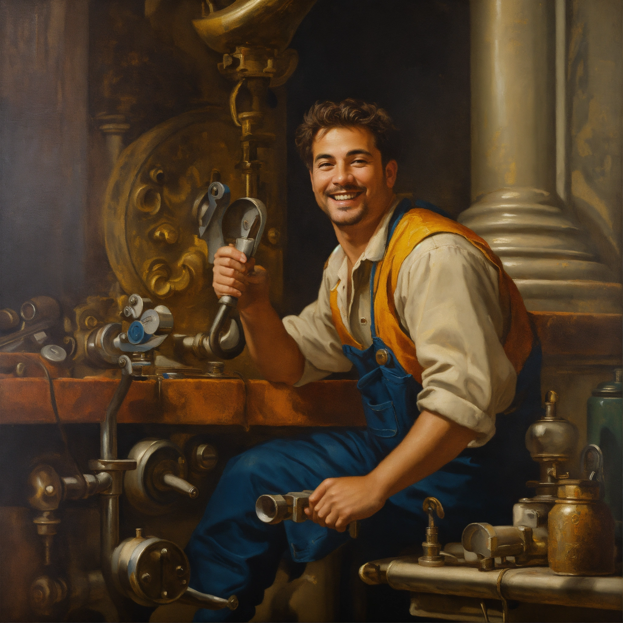 Lexica - Plumber with a wrench smiling and talking to satisfied clients ...