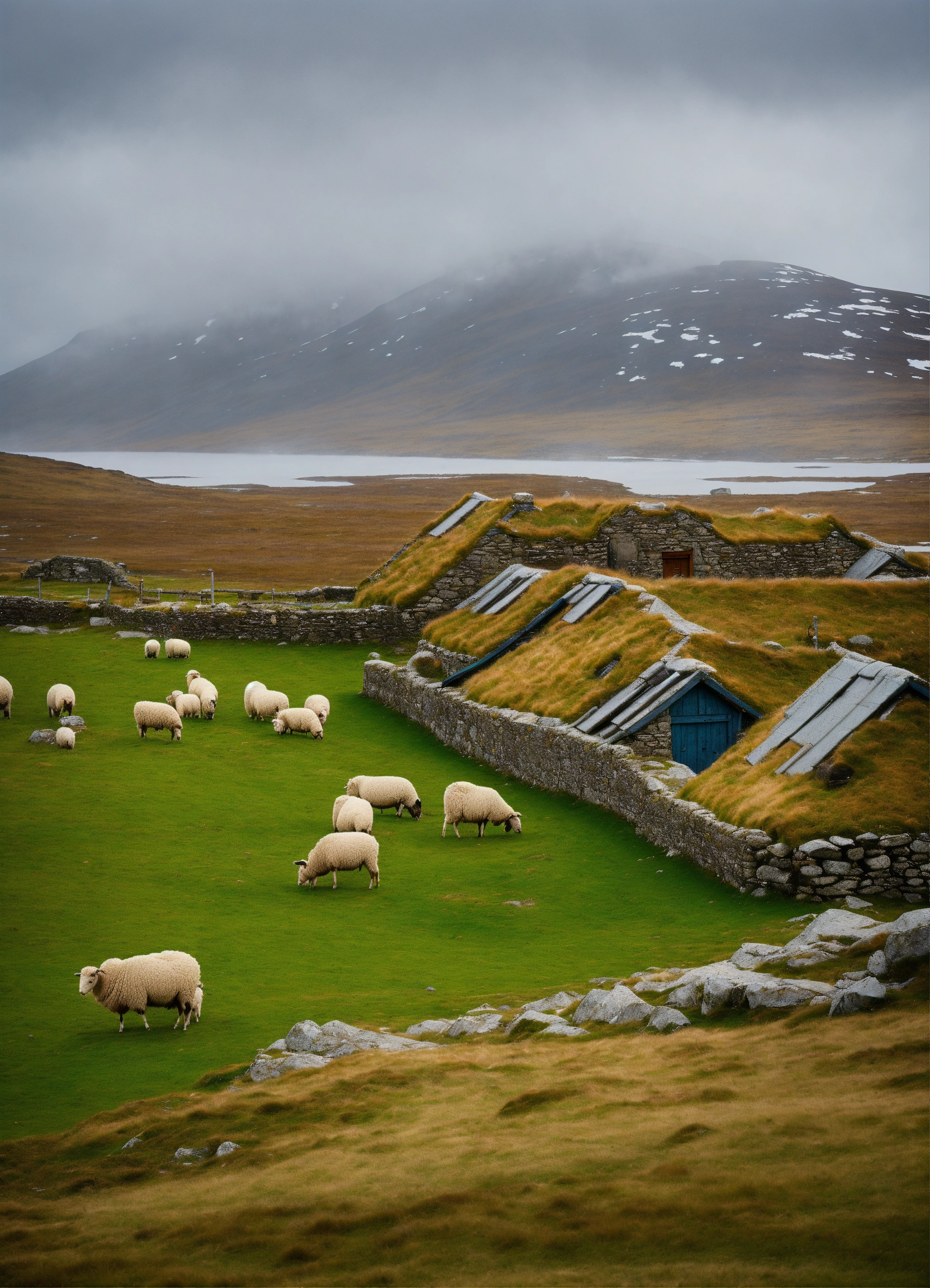 Lexica - Anglo saxon stone built turf roofed hamlet with sheep grazing ...