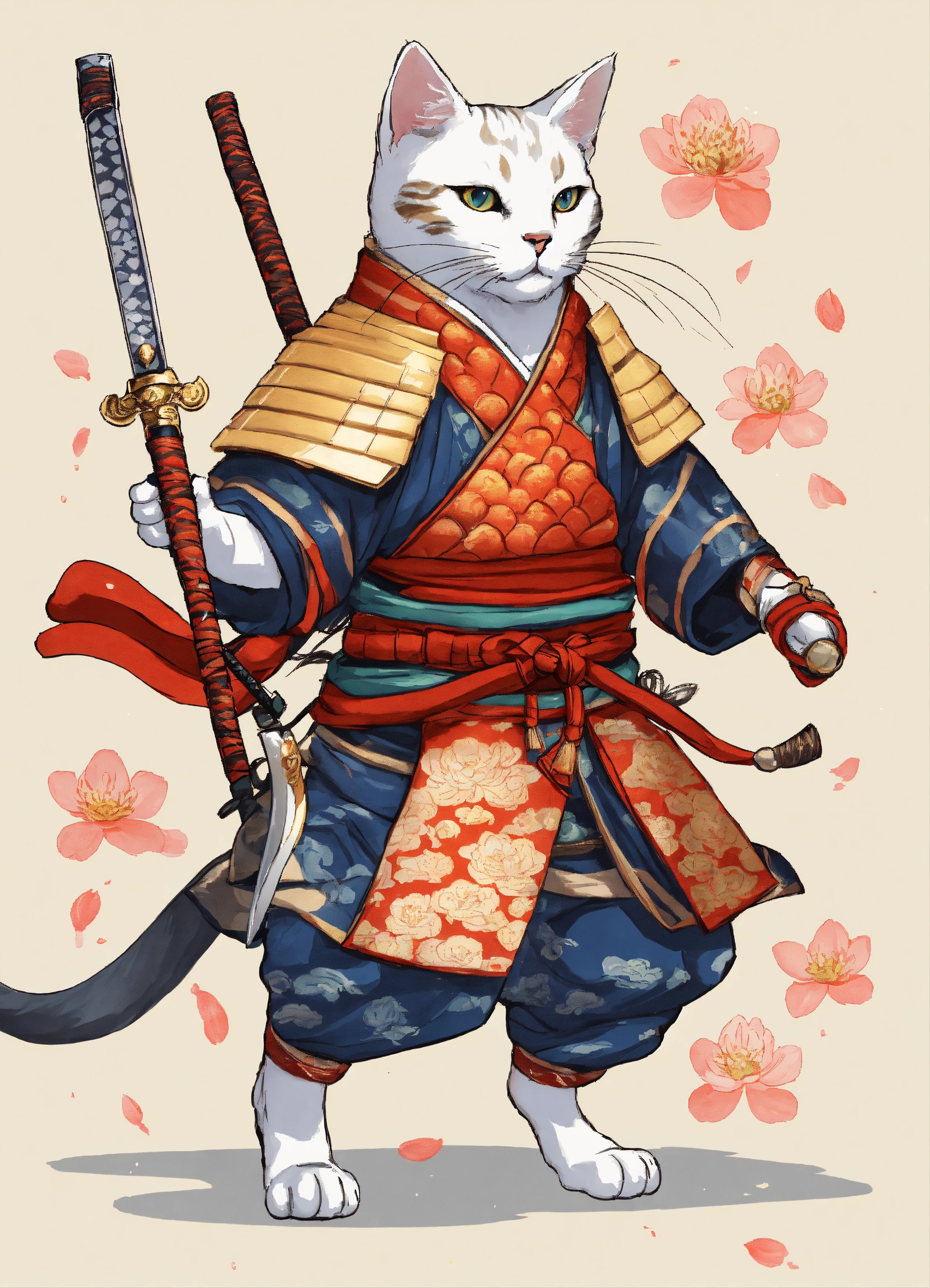 Lexica - There is a cat with a fish and a sword on a white background ...