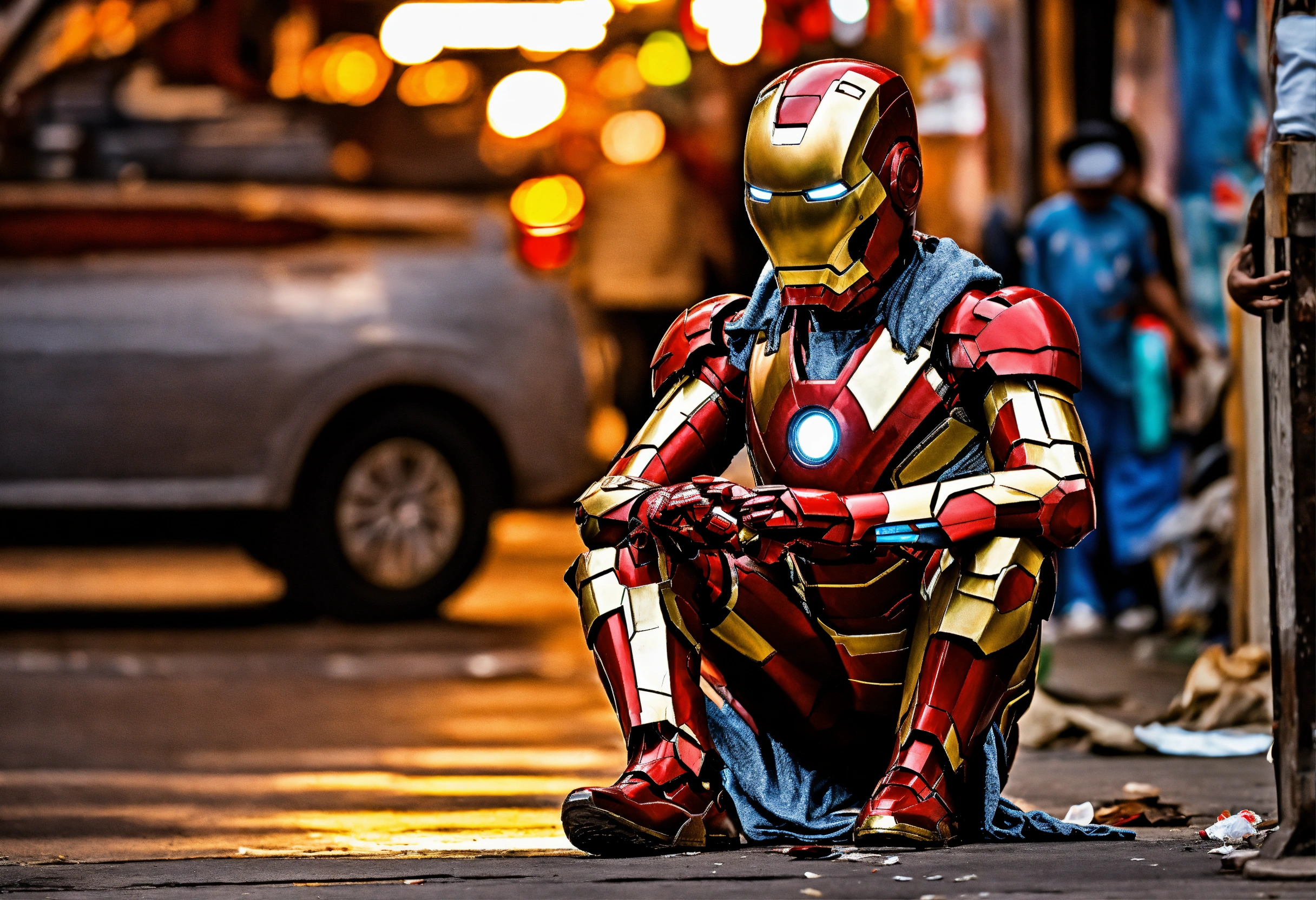 Lexica - Iron man as beggar, begging money, worn out costume ...