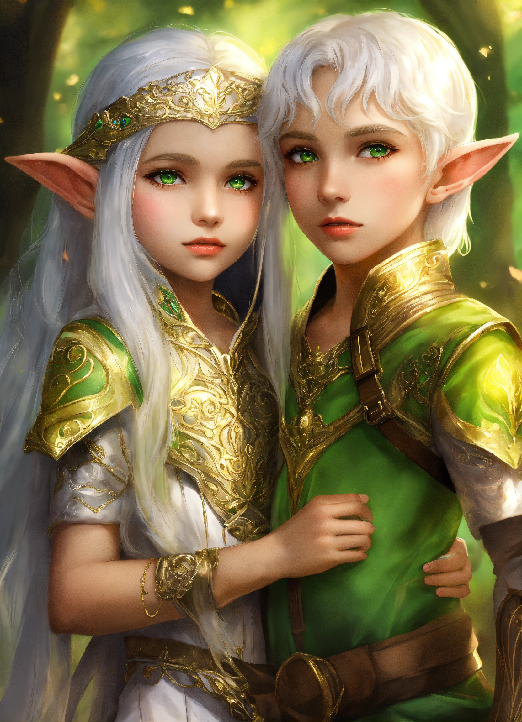 Lexica - Fantasy, boy and girl, elf, gold skin, green eyes, long silver ...