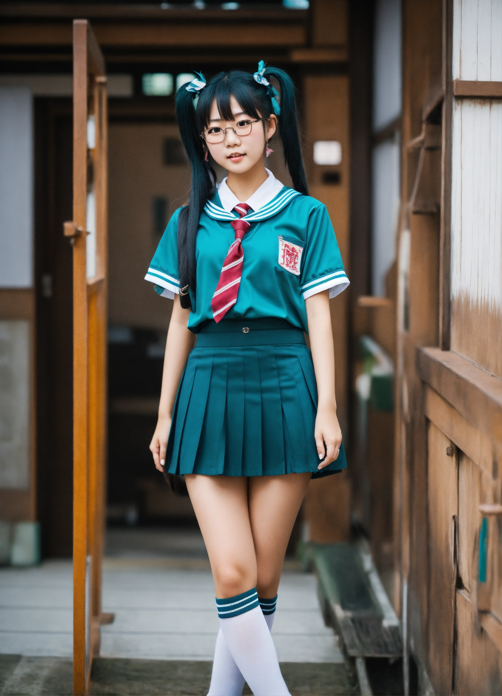 Lexica - Japanese Girl with twin tails and glasses in glossy teal ...