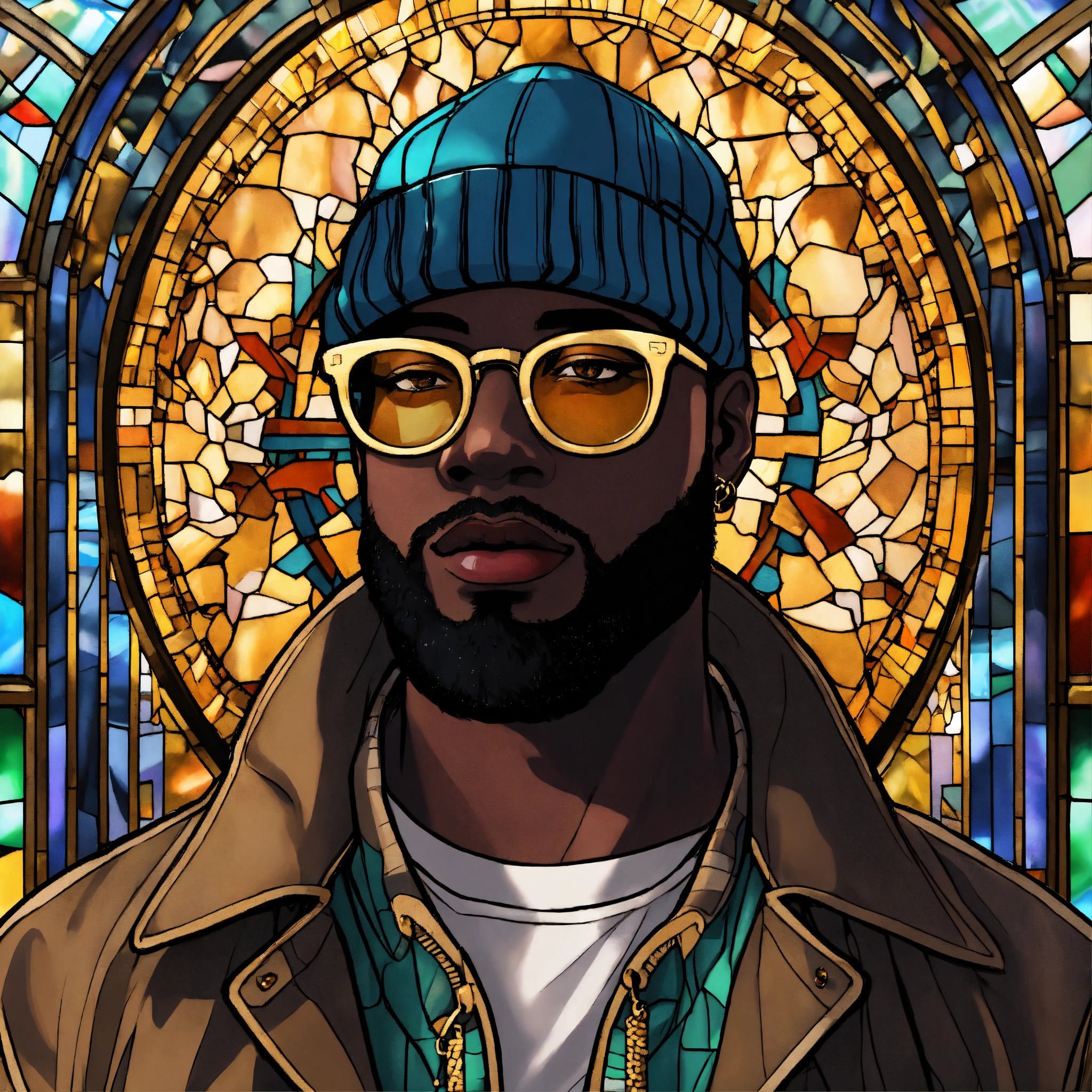 Lexica - HD, 4K, Background is a stained glass with images in the ...