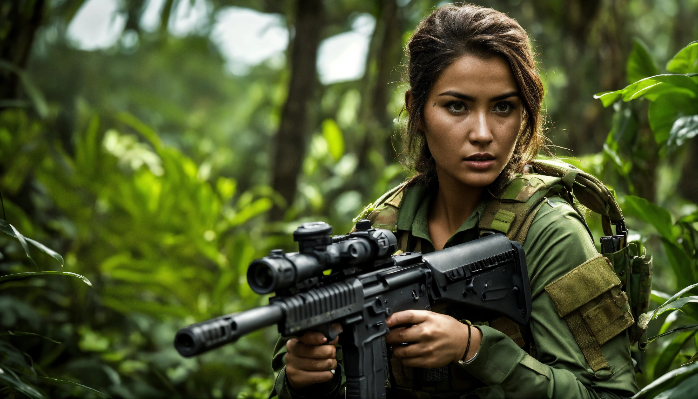 Lexica - Female commandos in jungle, perfect face, full camouflage, HDR ...