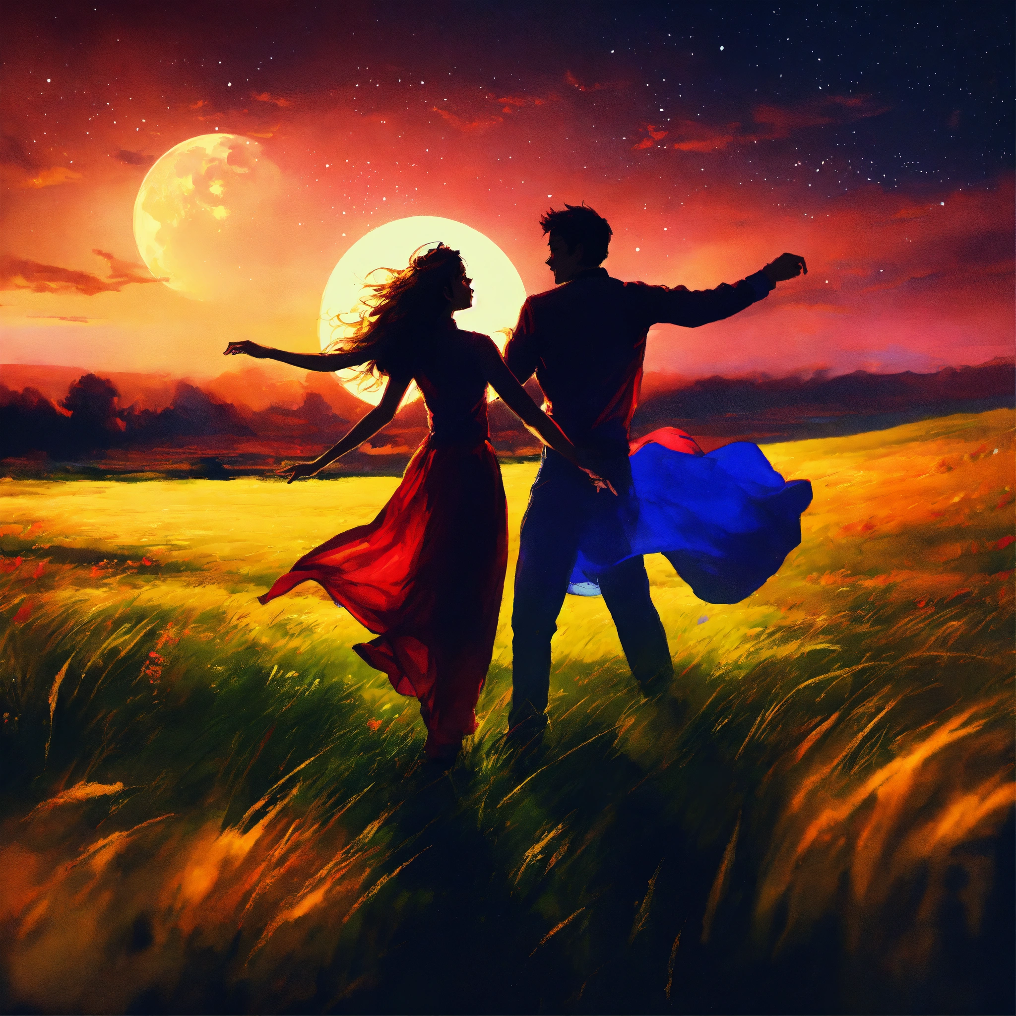 Lexica - Girl and boy lovers dancing moonlight grassy field music joy ...