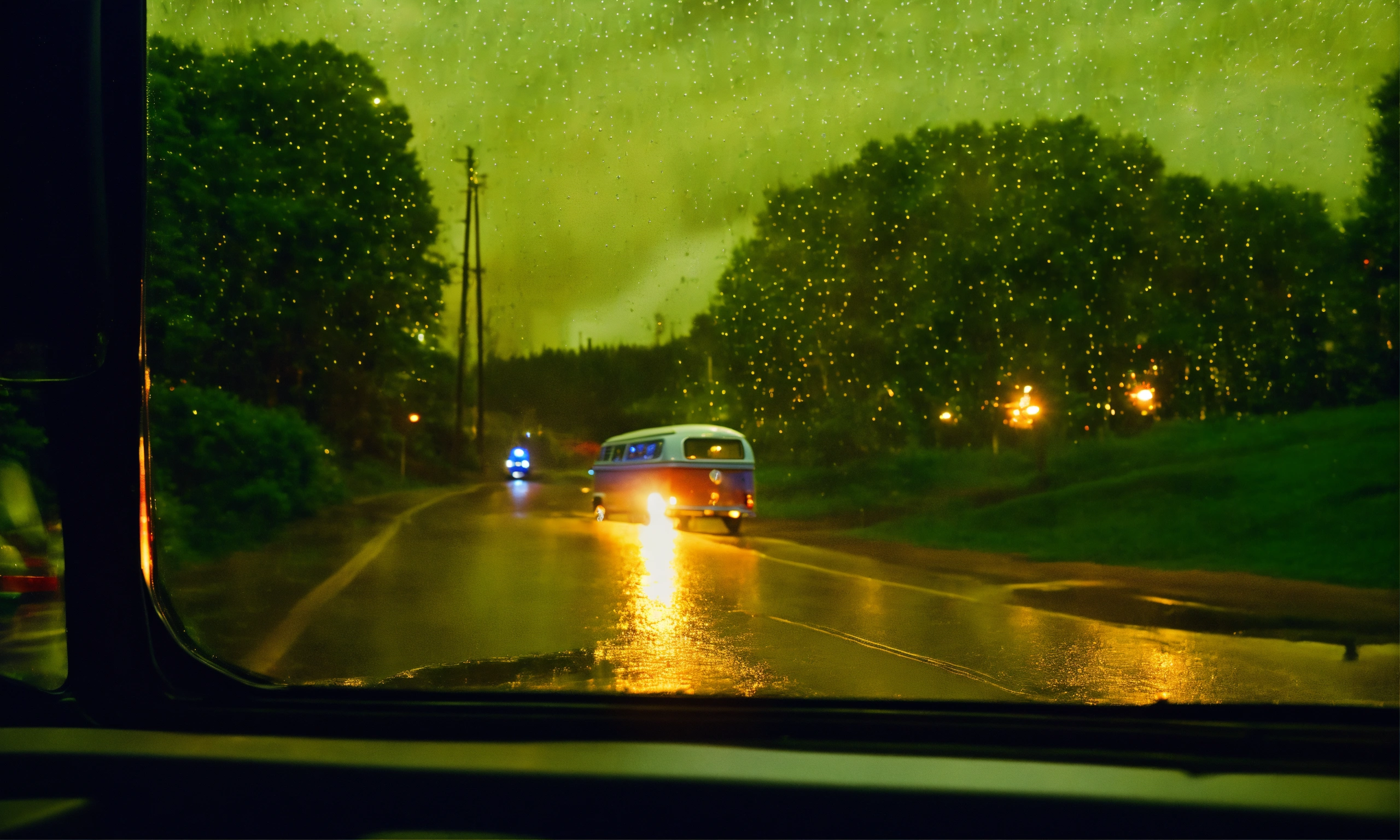 Lexica - Car rear window view, rainy glass, VW bus with high beams ...