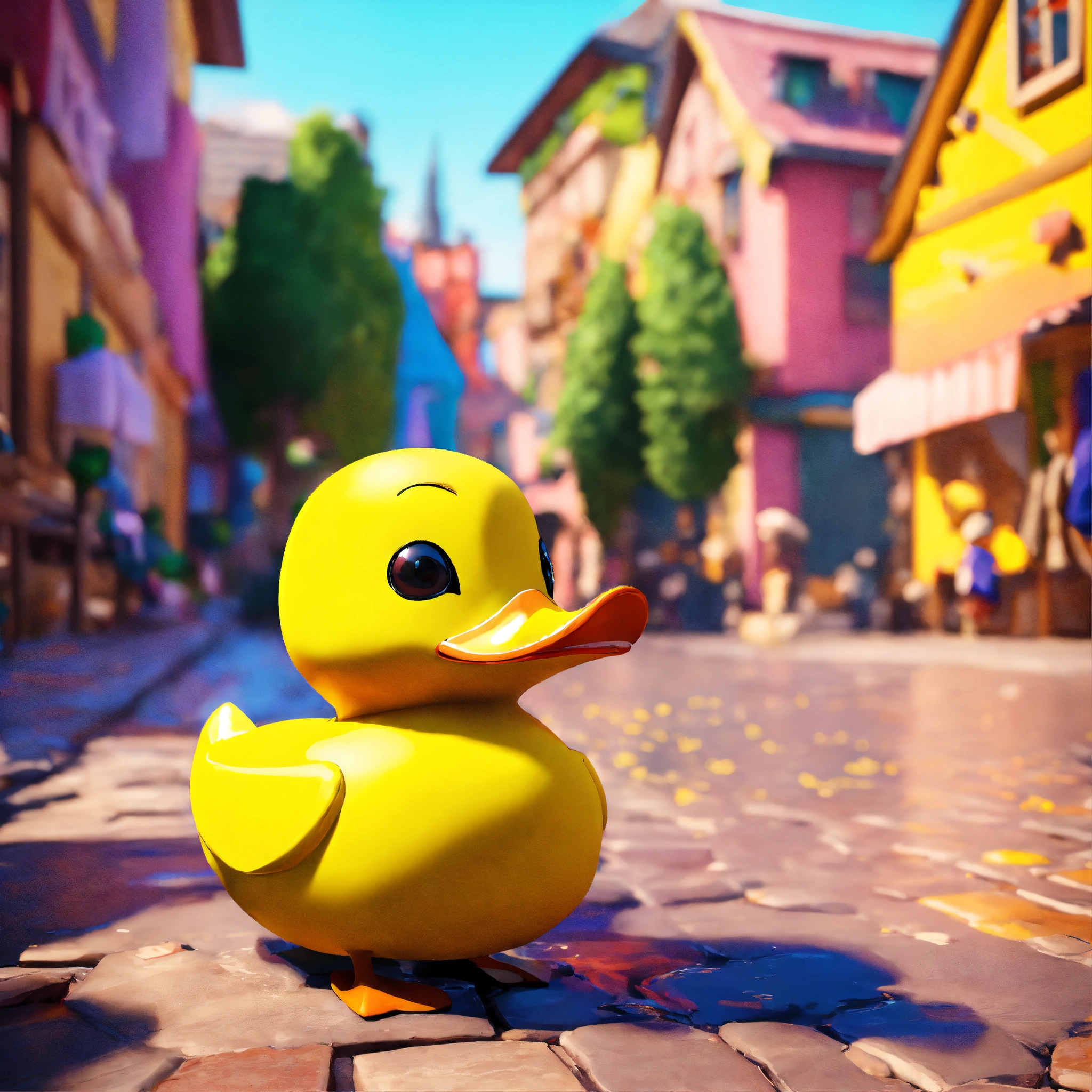 Lexica - A cute yellow cube duck in a colourful foreign town full of ...