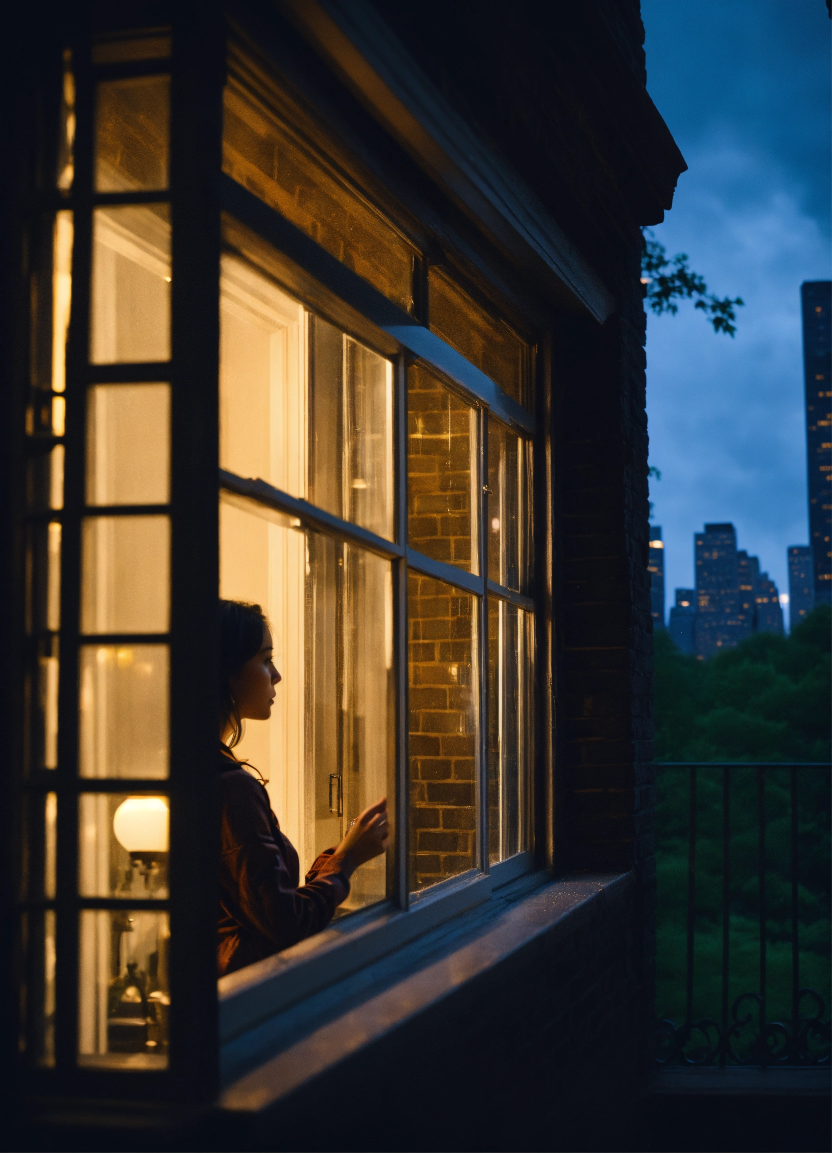 Lexica - A lady looking through her window in her apartment in central ...