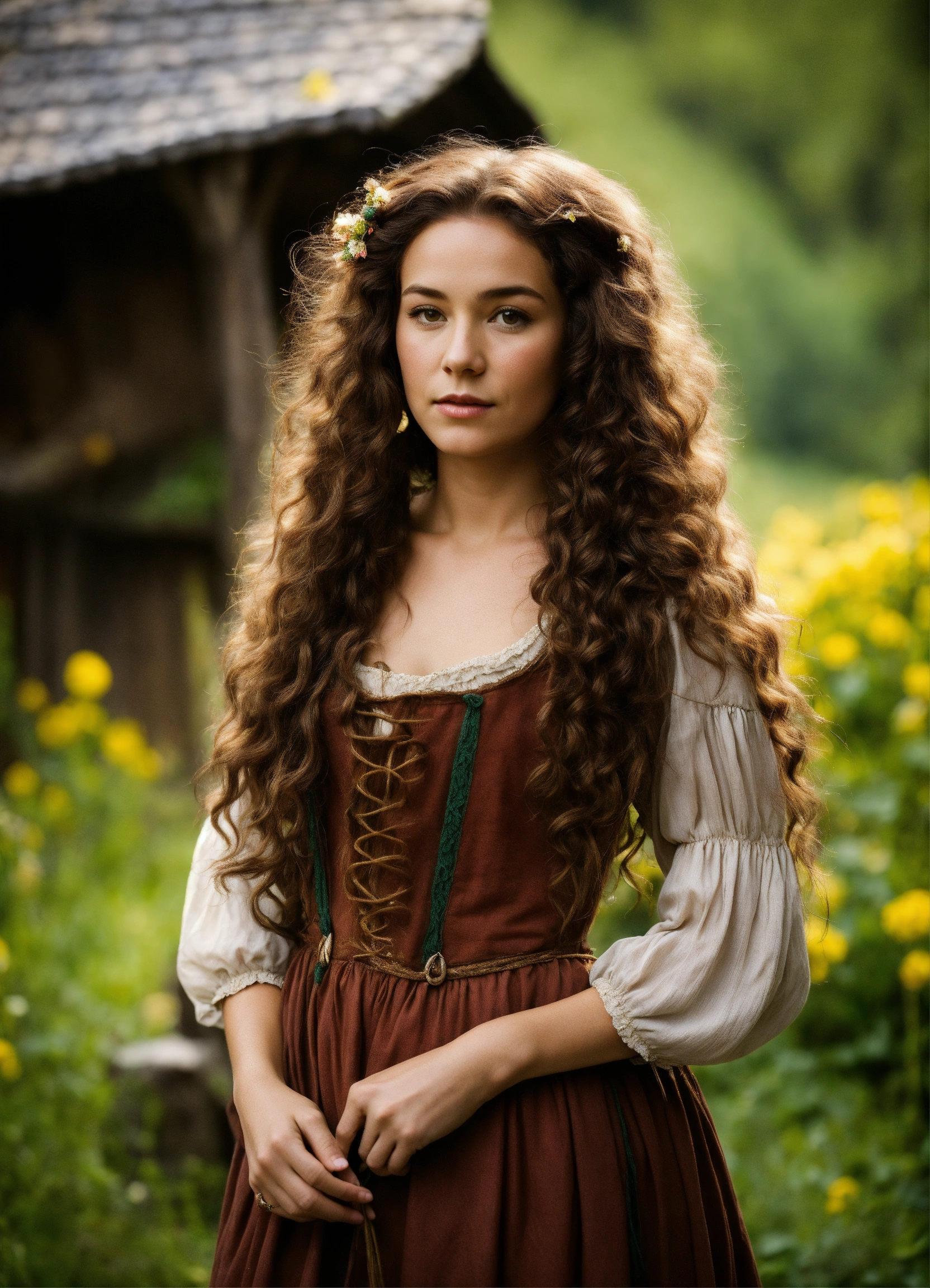 Lexica - A beautiful Hobbit woman with long curly brown hair in English ...