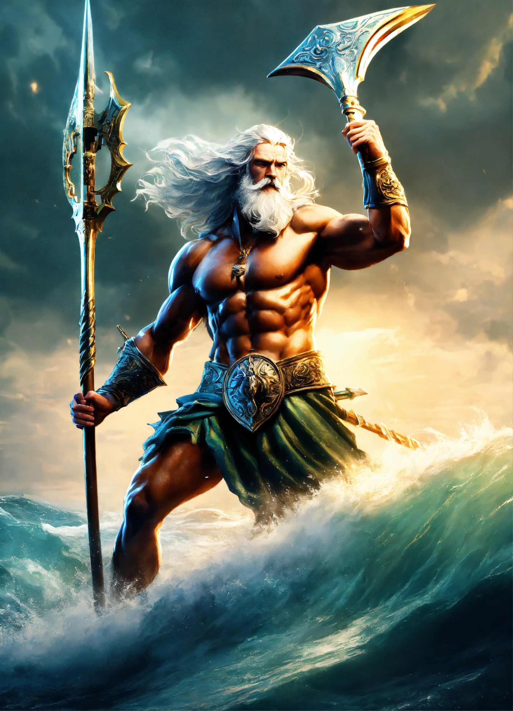 Lexica - God Poseidon emerging from a raging sea, ready to throw his ...
