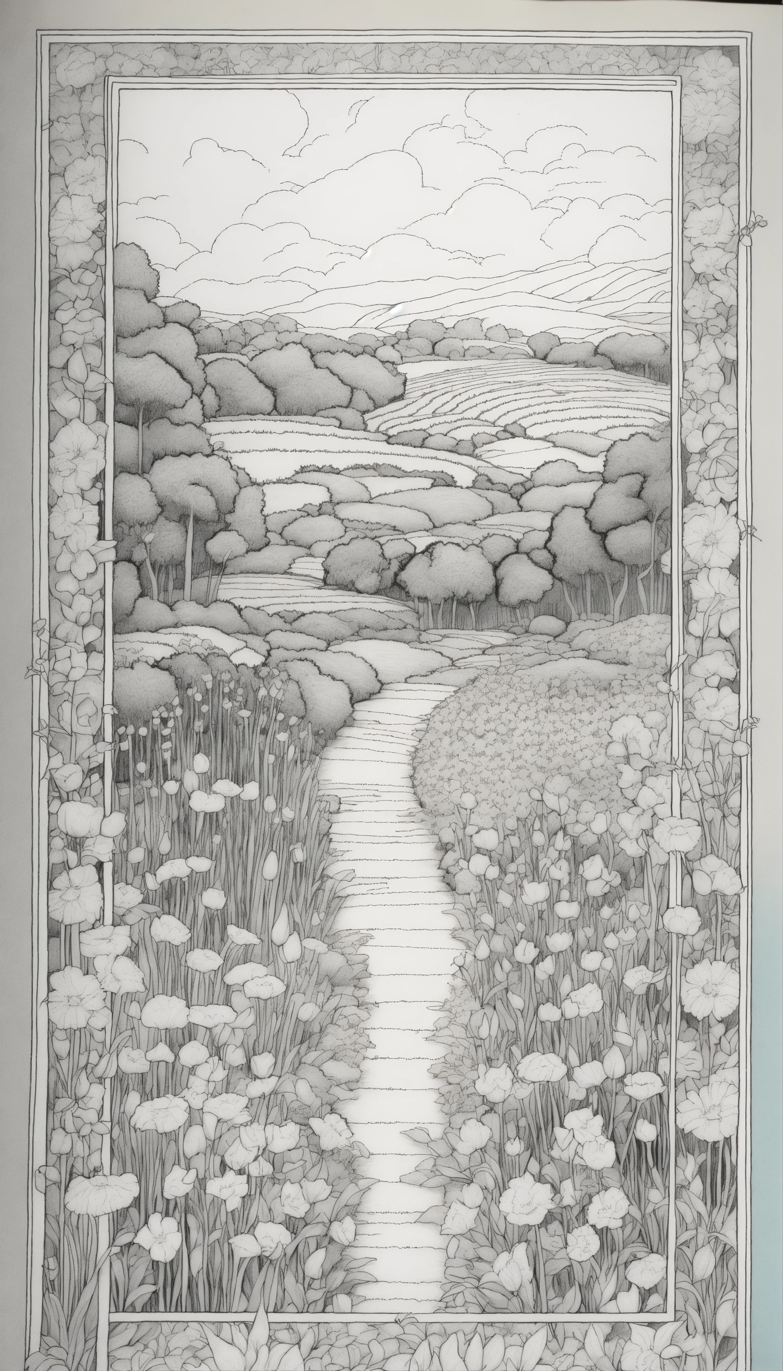 Lexica - Drawing a field of flowers. Line drawing, clean clear lines ...