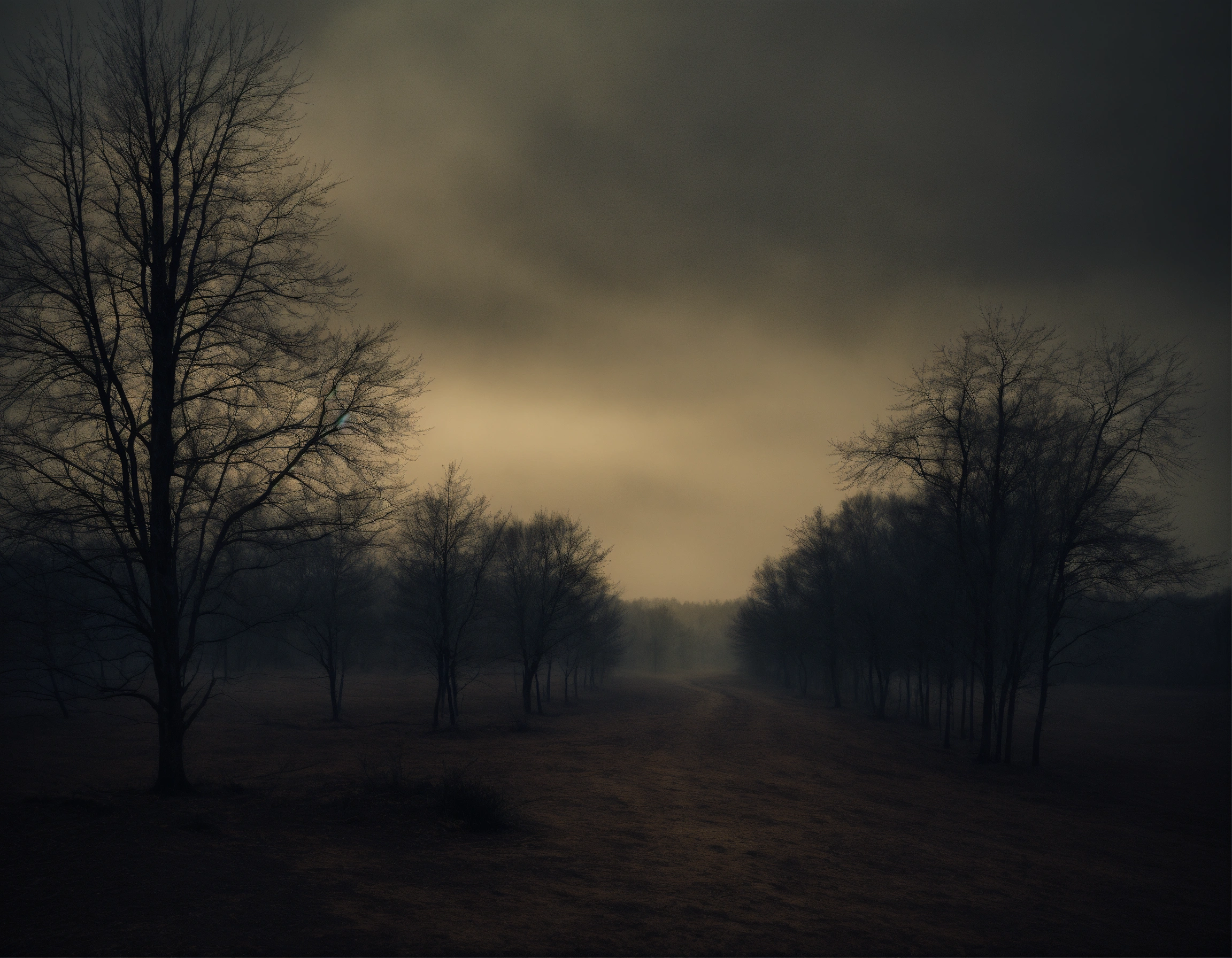 Lexica - Melancholic, dark, wanderer, empty dark landscape, a few trees