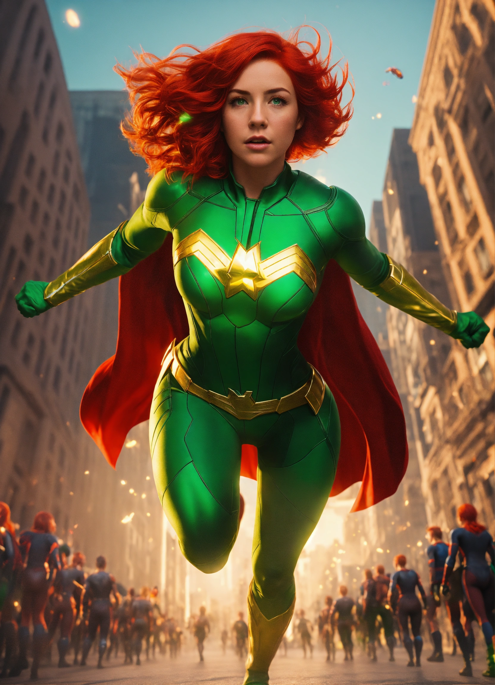 Lexica - Red-haired, green-eyed female superhero, floating down out of ...