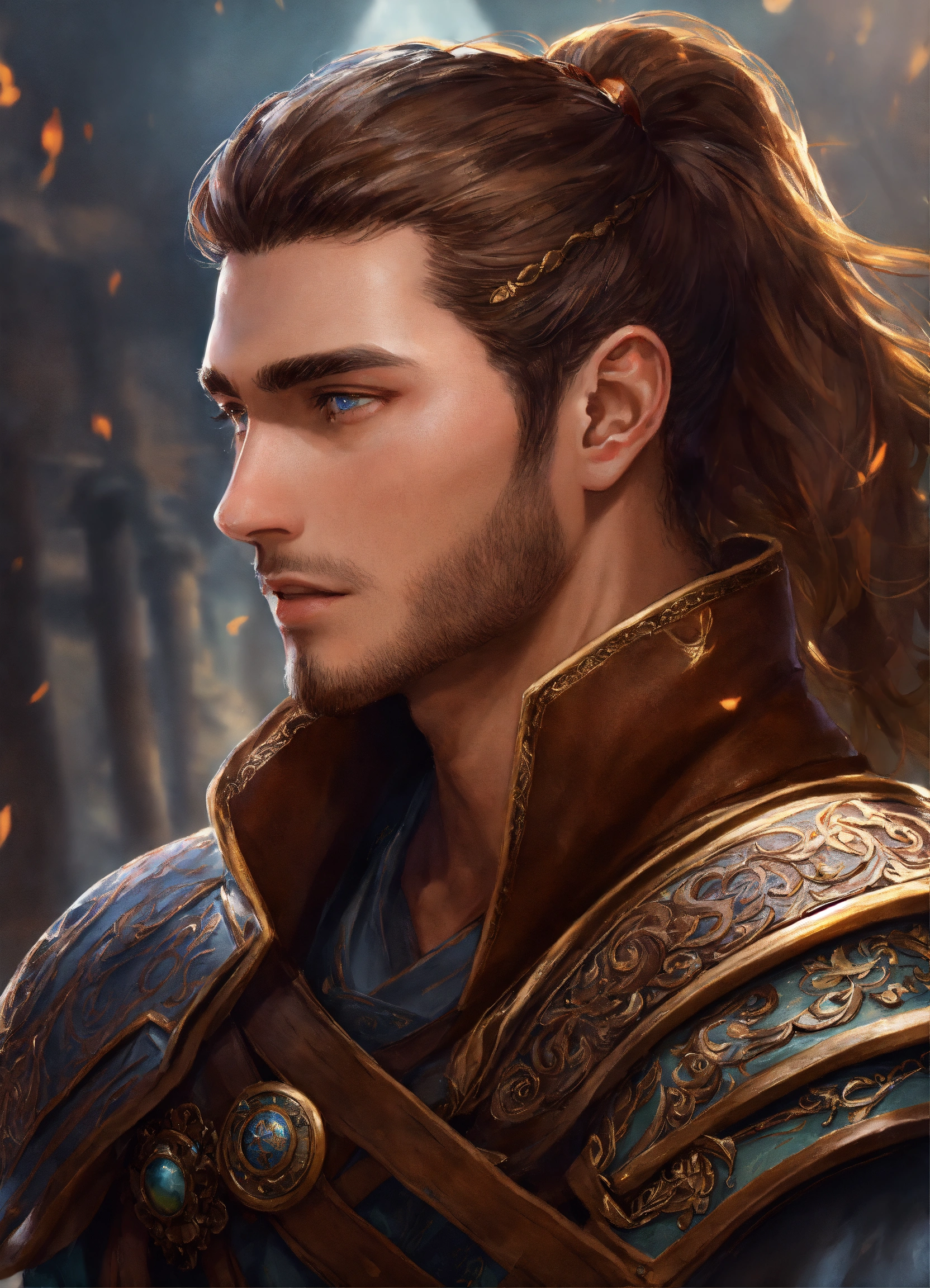 Lexica - "heroic male swordsman", brown hair, fantasy, ponytail, travel ...
