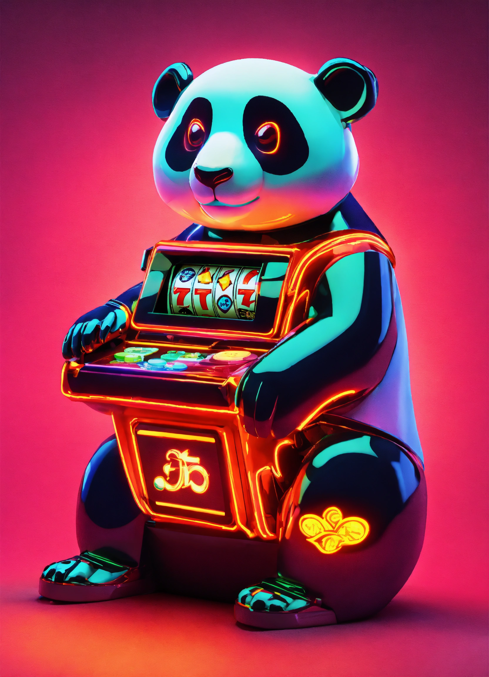 Lexica - 3D PANDA with casino slot machine in the gambling 8k neon lighting