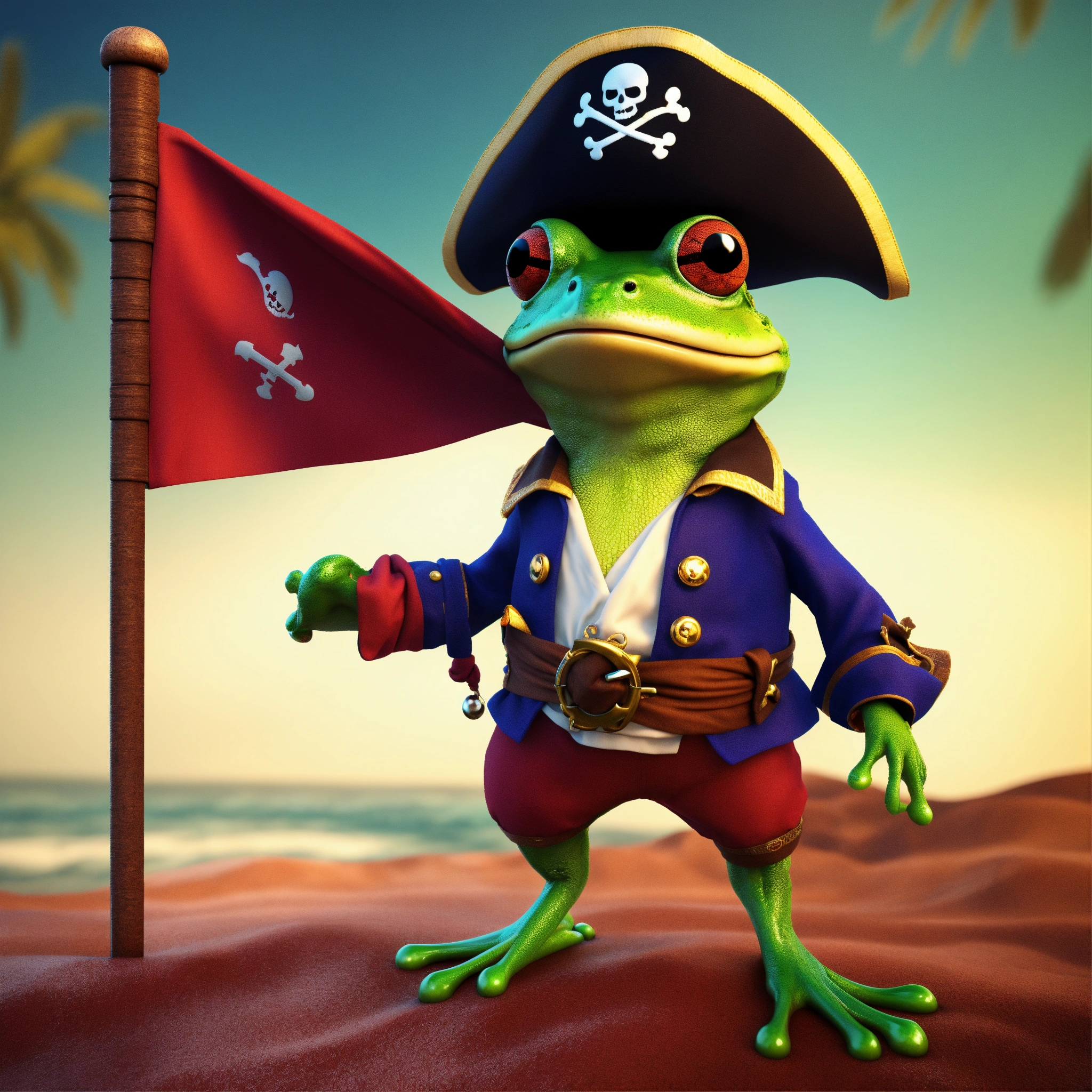 Lexica - Pirate frog, wearing a pirate hat, holding a pirate flag ...