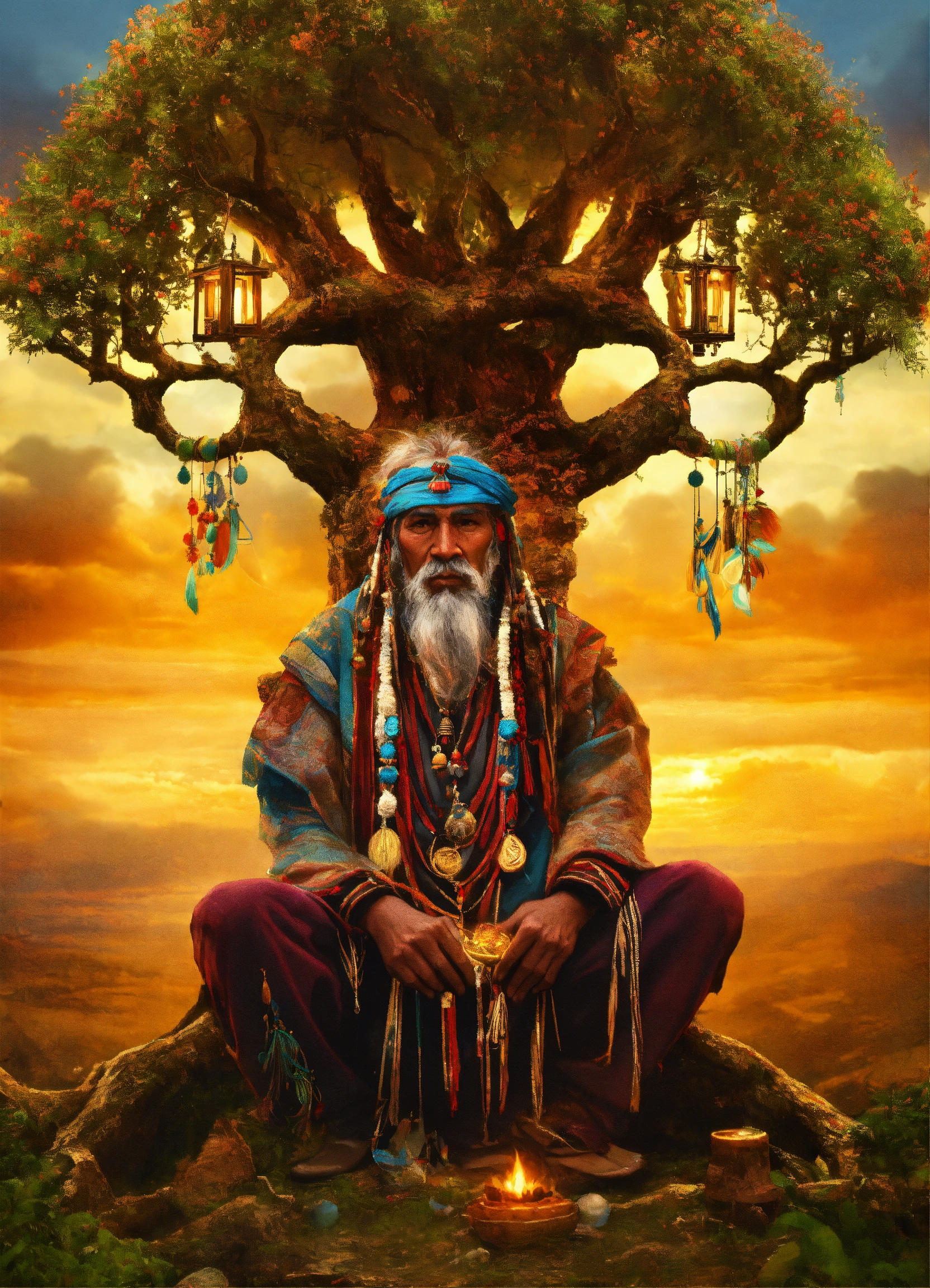 Lexica - Ancient shaman, weaving enchantments sitting in a tree of life