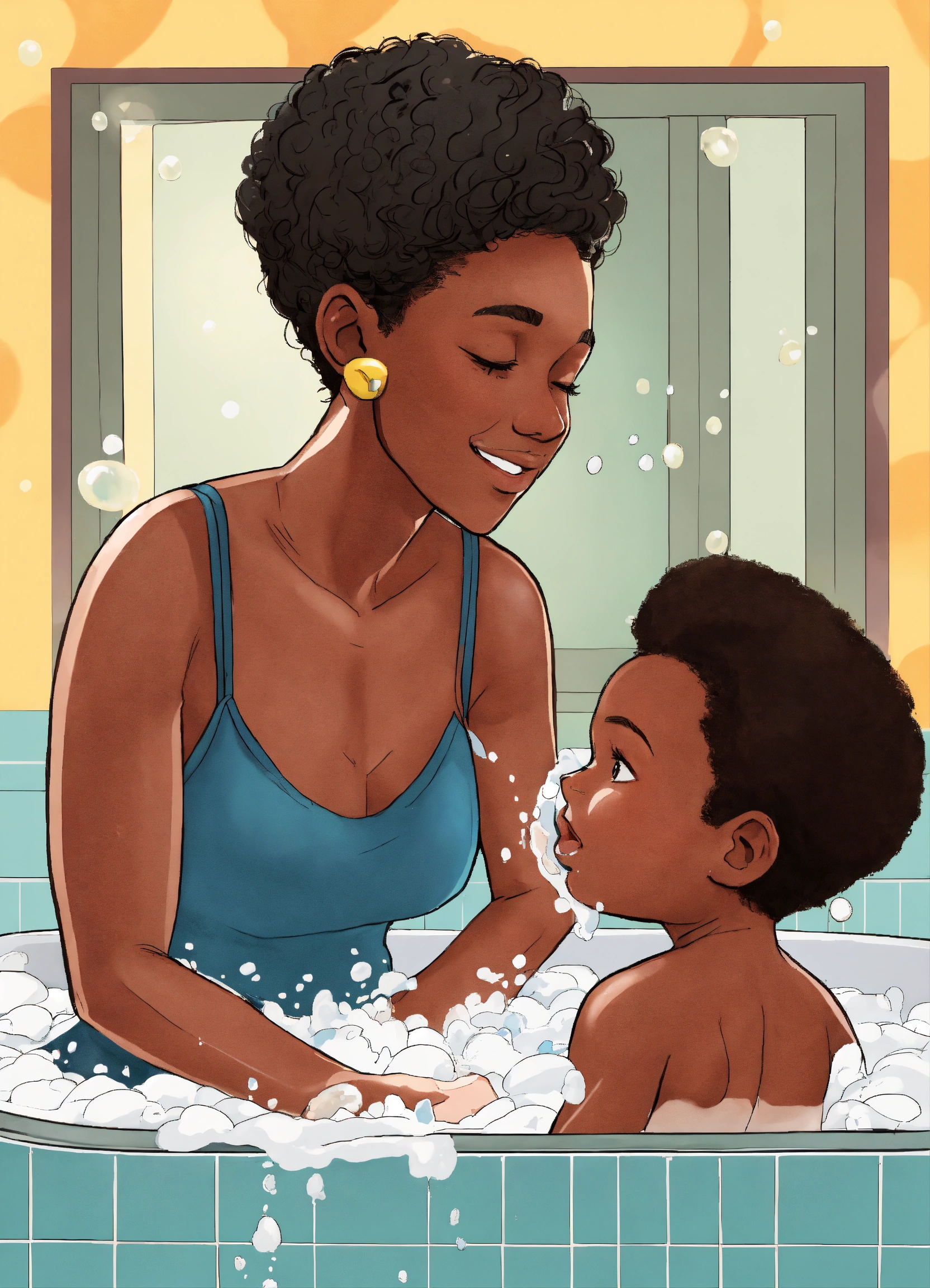 Lexica - Cartoon, colorful, illustrate a black toddler boy black mom helping black toddler wash ...