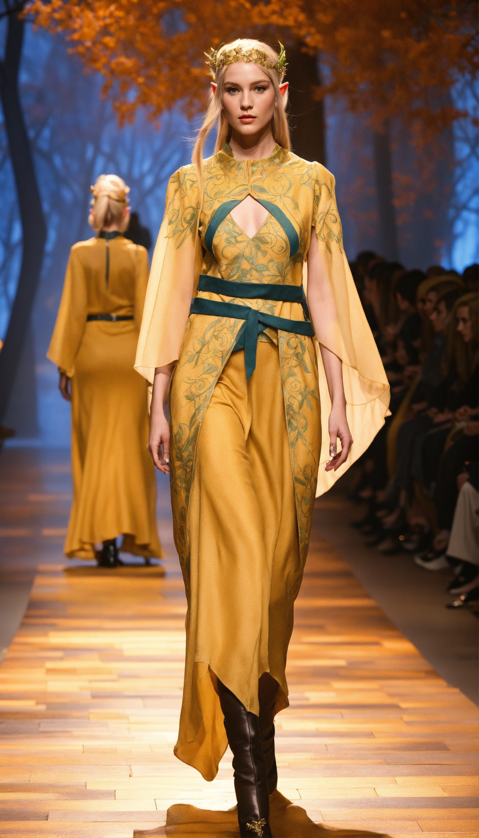 Lexica - Lothlorien female elves walking runway during elvin fashion week