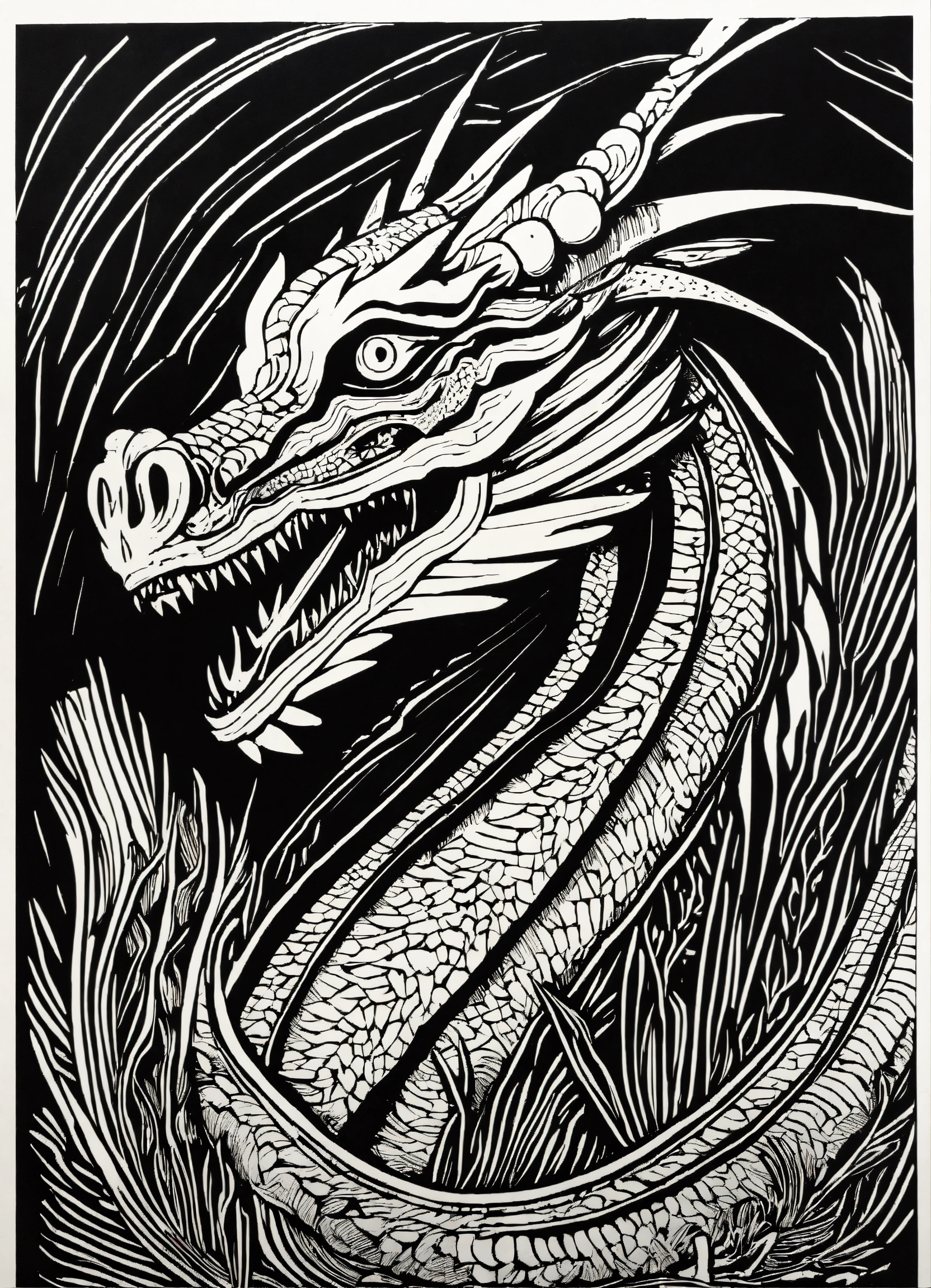 Lexica - Linocut, art drawing abstract art dragon, bold lines, black ...