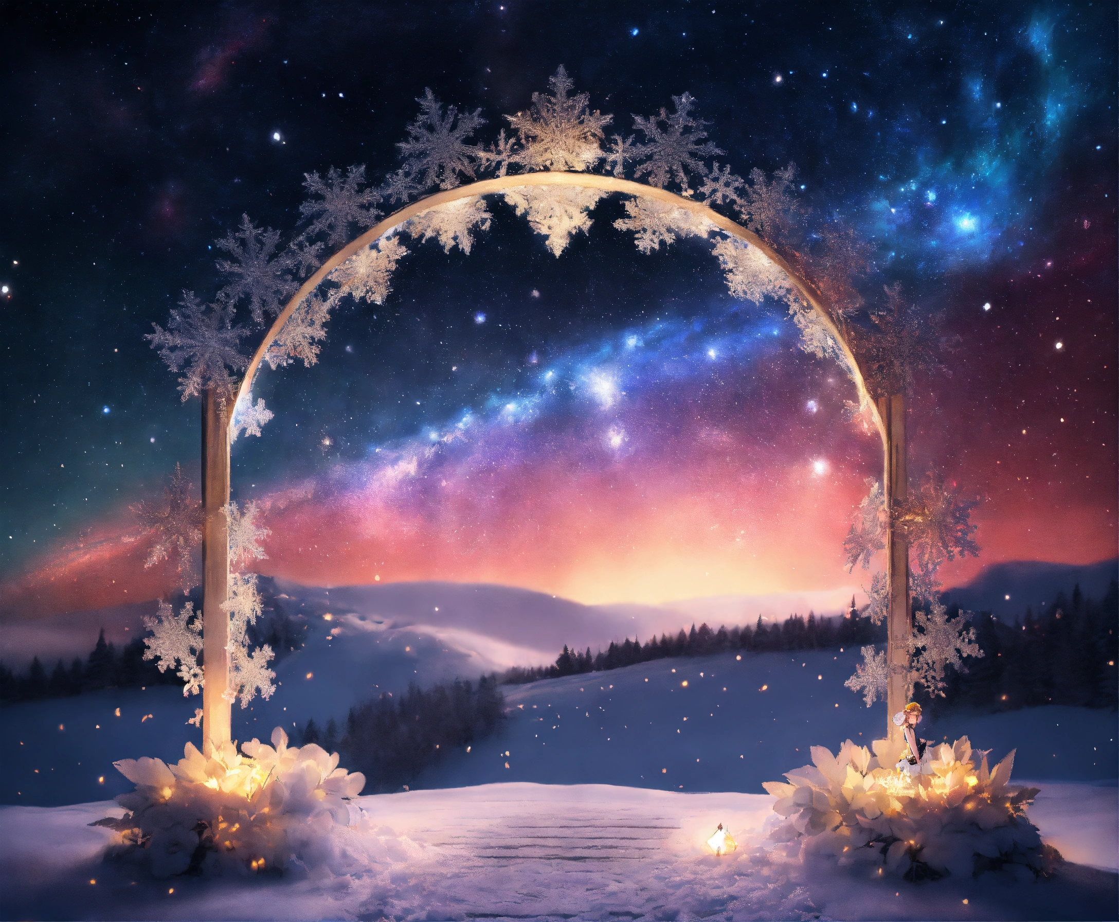 Lexica - Snowflake arch in galaxy ,fantasy style , wedding style