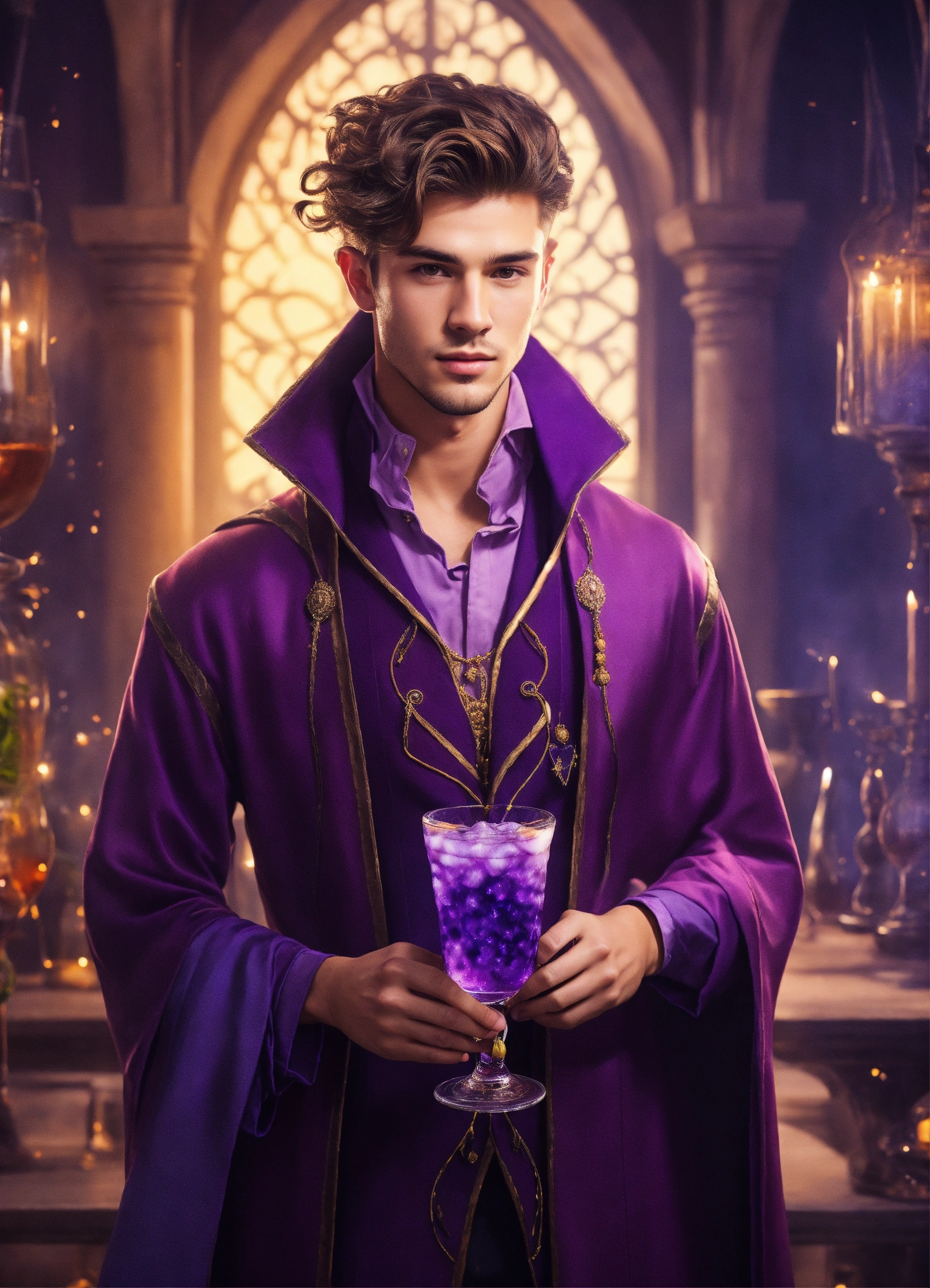 Lexica - Handsome young wizard with modern hairstyle holding a purple drink
