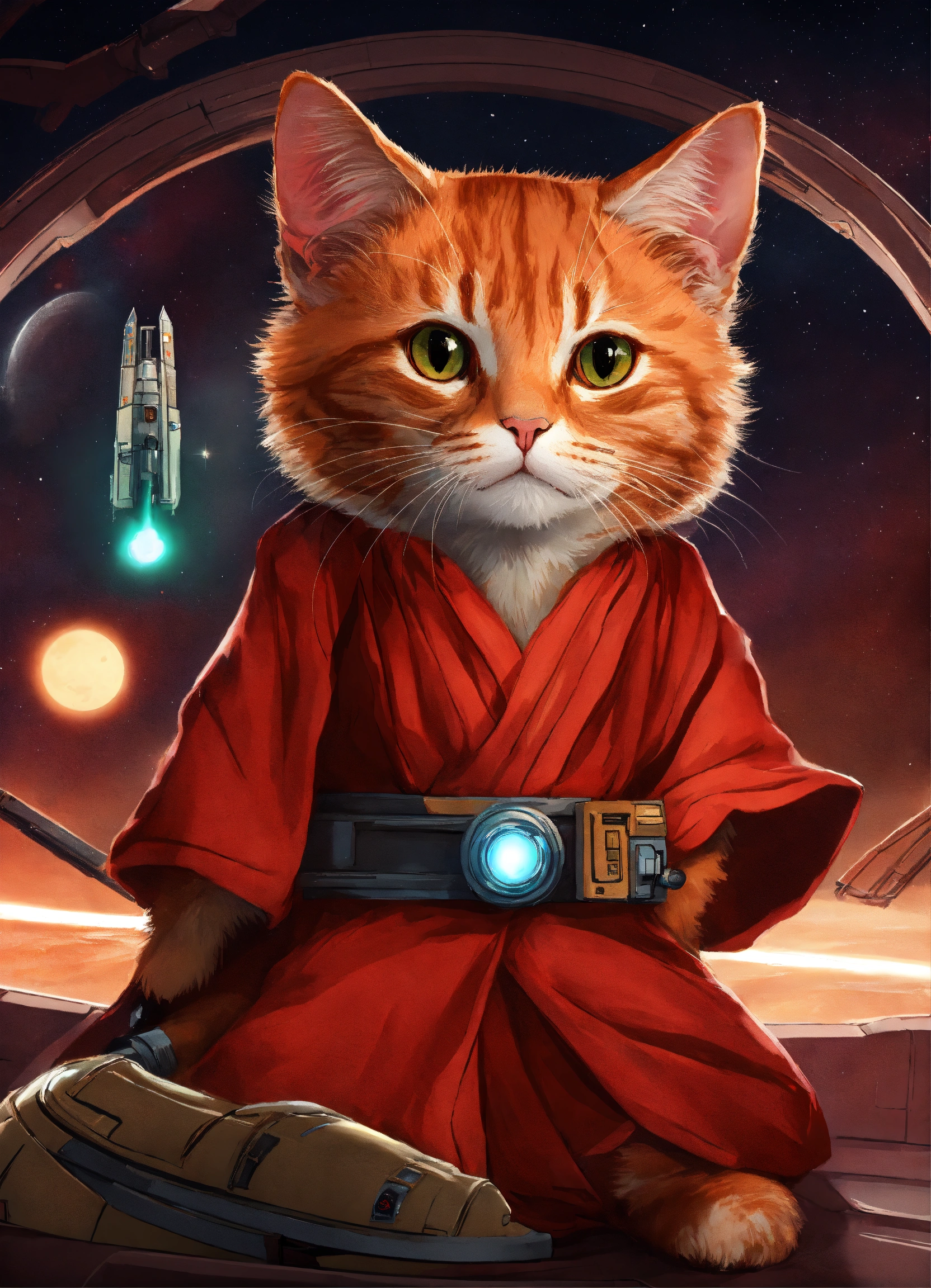 Lexica - A red cat as a Jedi master in a spaceship