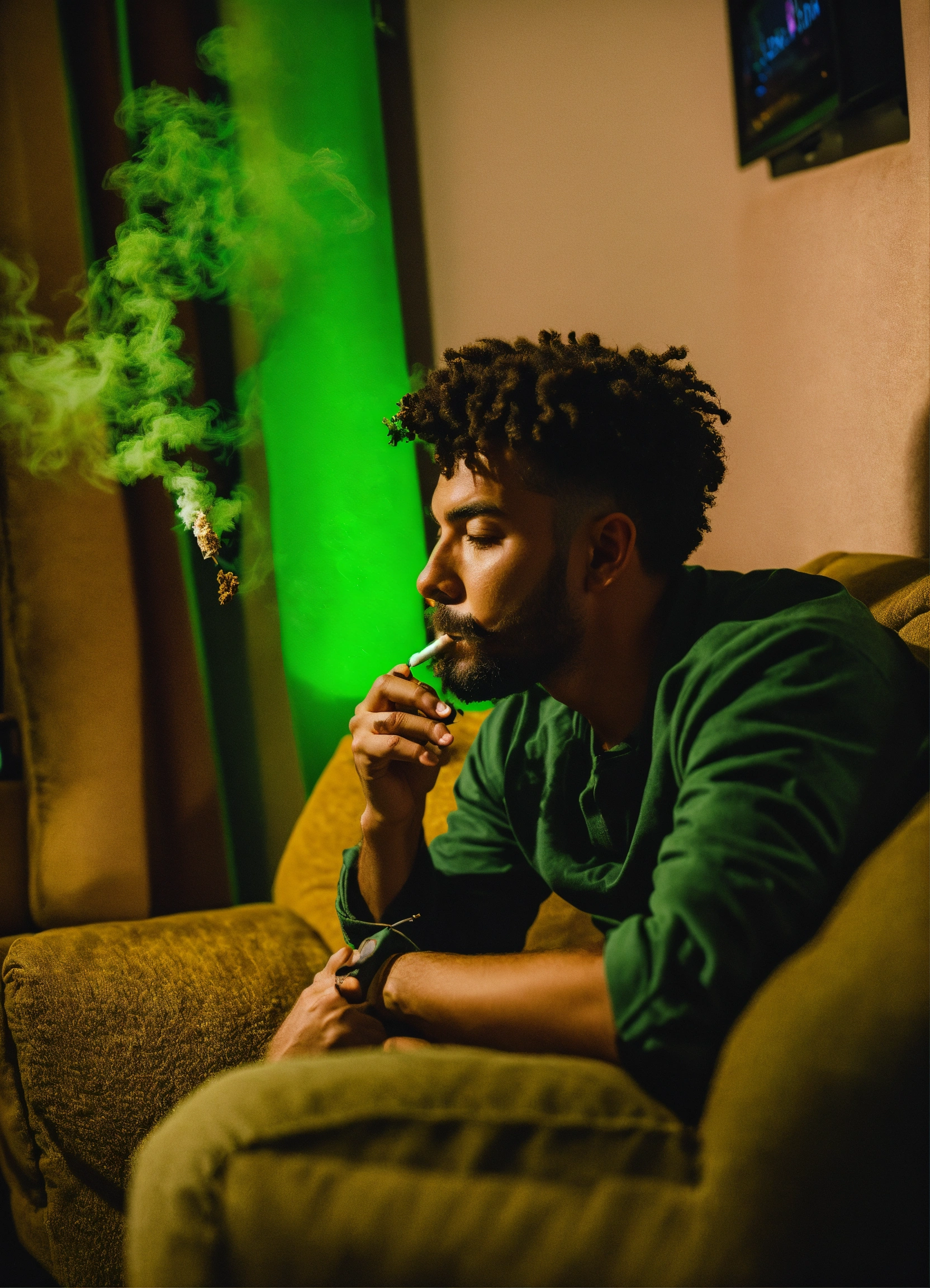 Lexica - Man sitting on the couch smoking weed watching tv