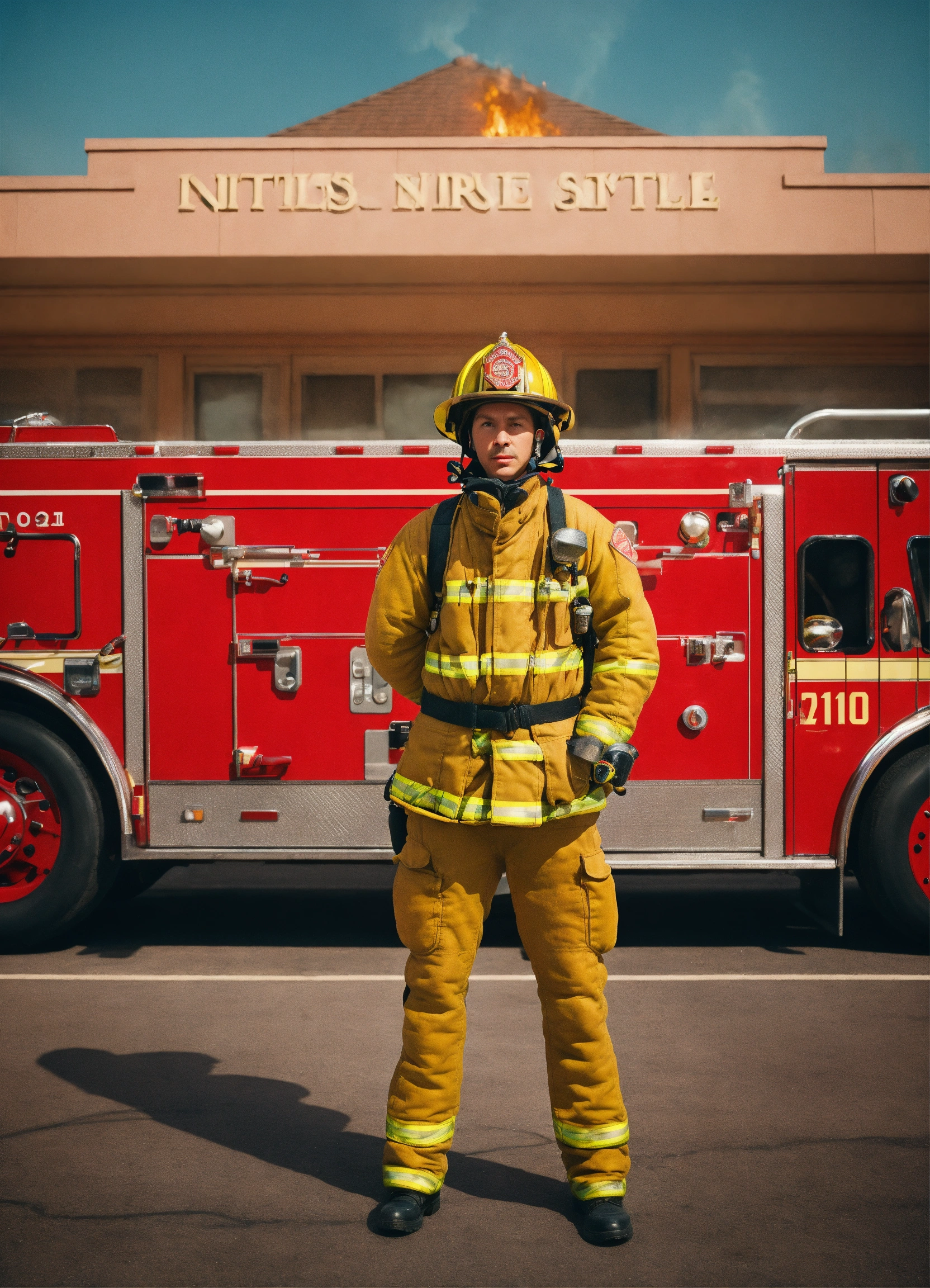 Lexica - Firefighter in the style of a wes anderson movie, surreal, photo