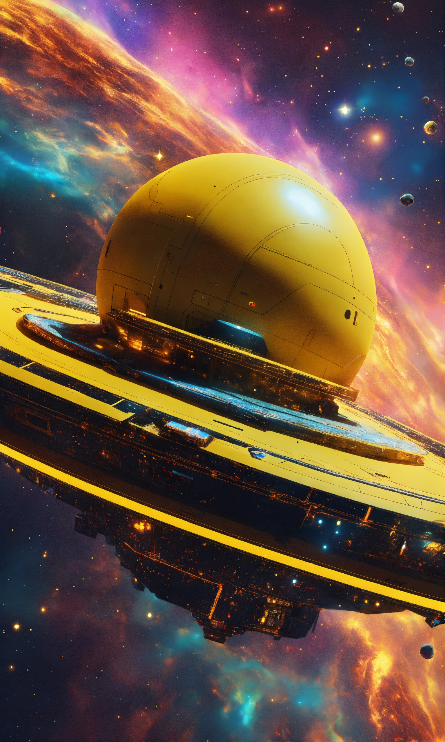 Lexica - Zoom out of sleek yellow space yacht at top of image in ...