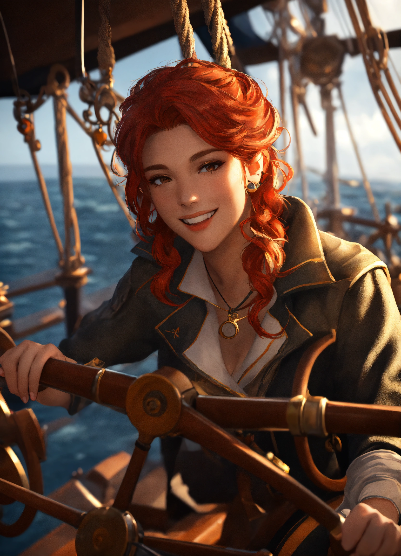 Lexica - A red-haired sailor, brown eyes, smile, steering wheel of a ...