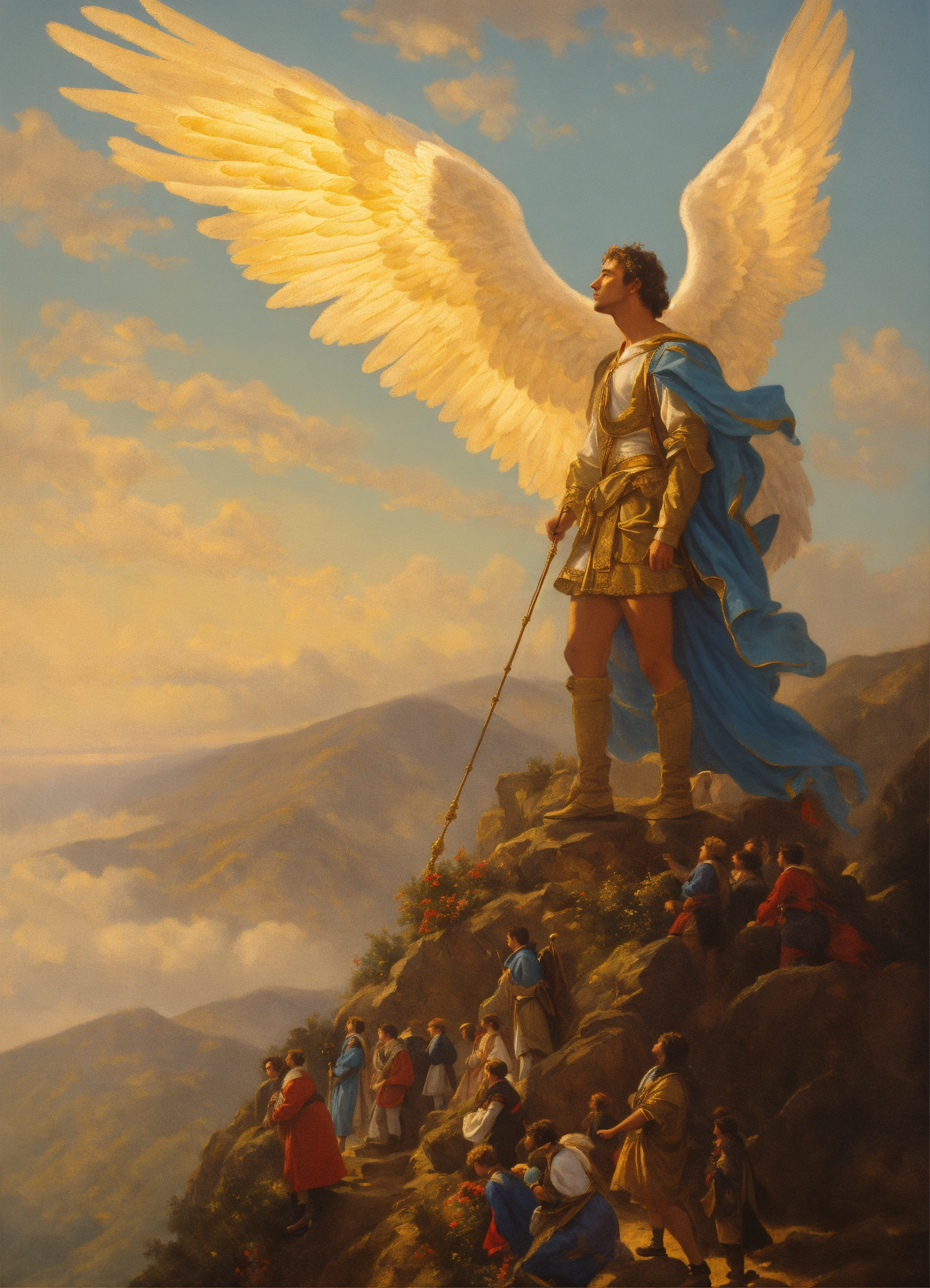 Lexica - A male angel looking down on the mountain at the people marching