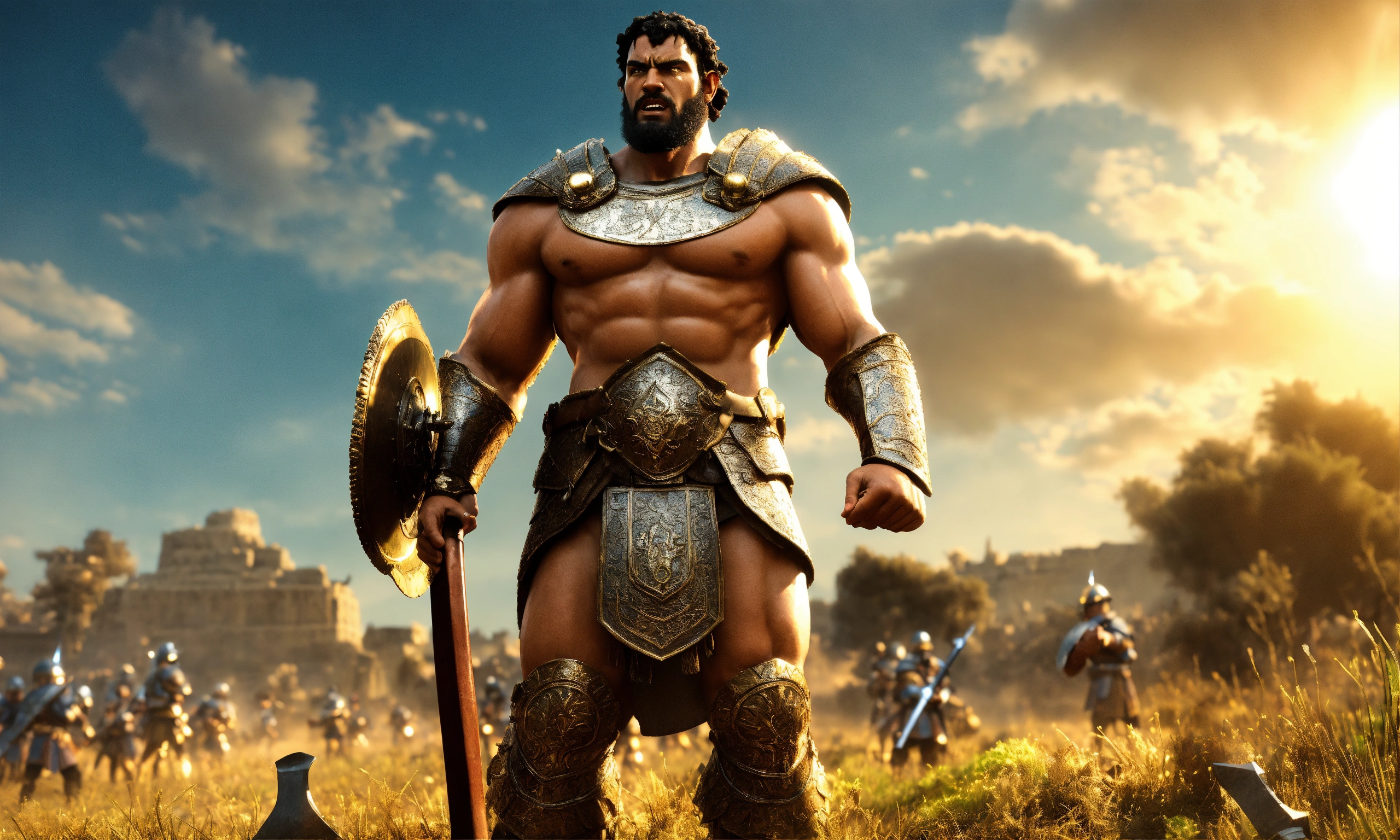 Lexica - Scene Description "Goliath, the massive Philistine warrior, stands tall and menacing in ...