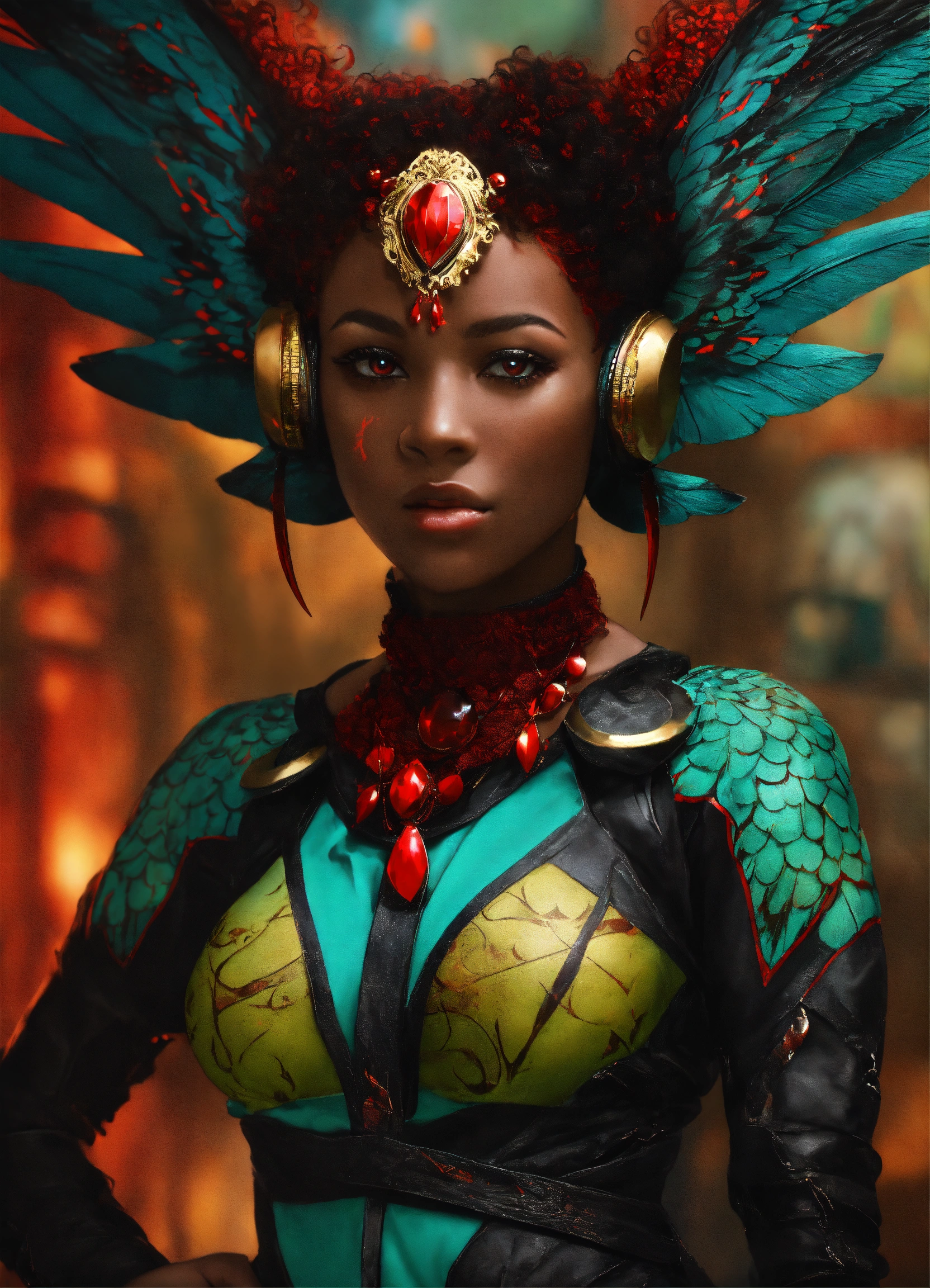 Lexica - Black, frican curly hair, scars on her face. In her ...
