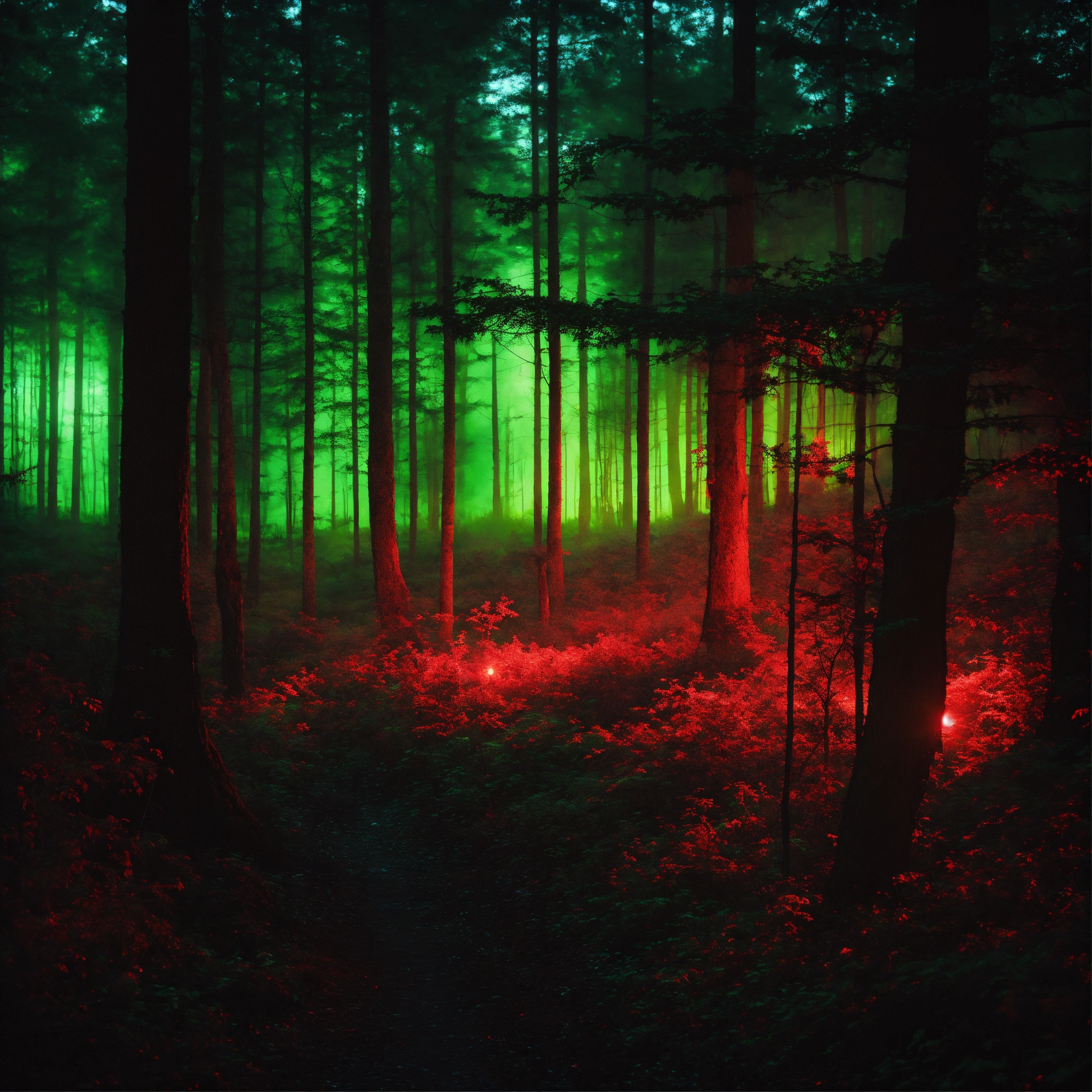 Lexica - Cinematic dark forest, red and green light,