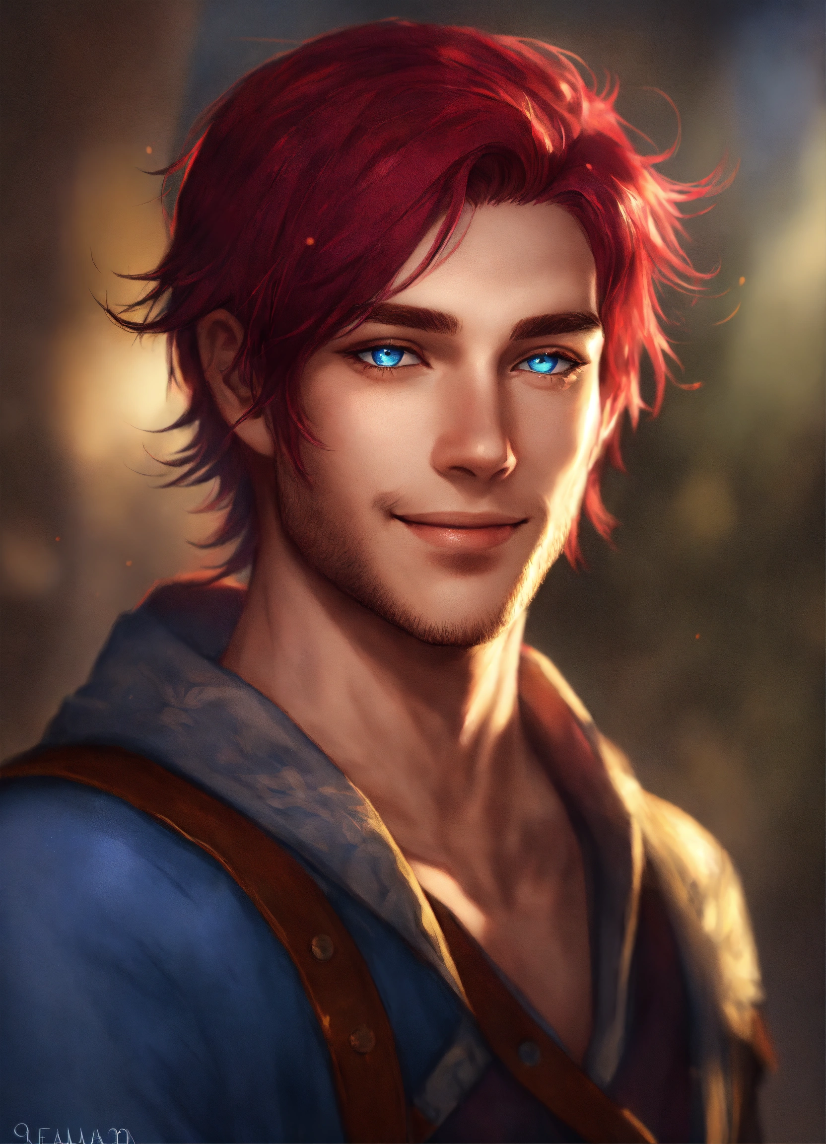 Lexica - Fae Male, maroon hair, blue eyes, smiling