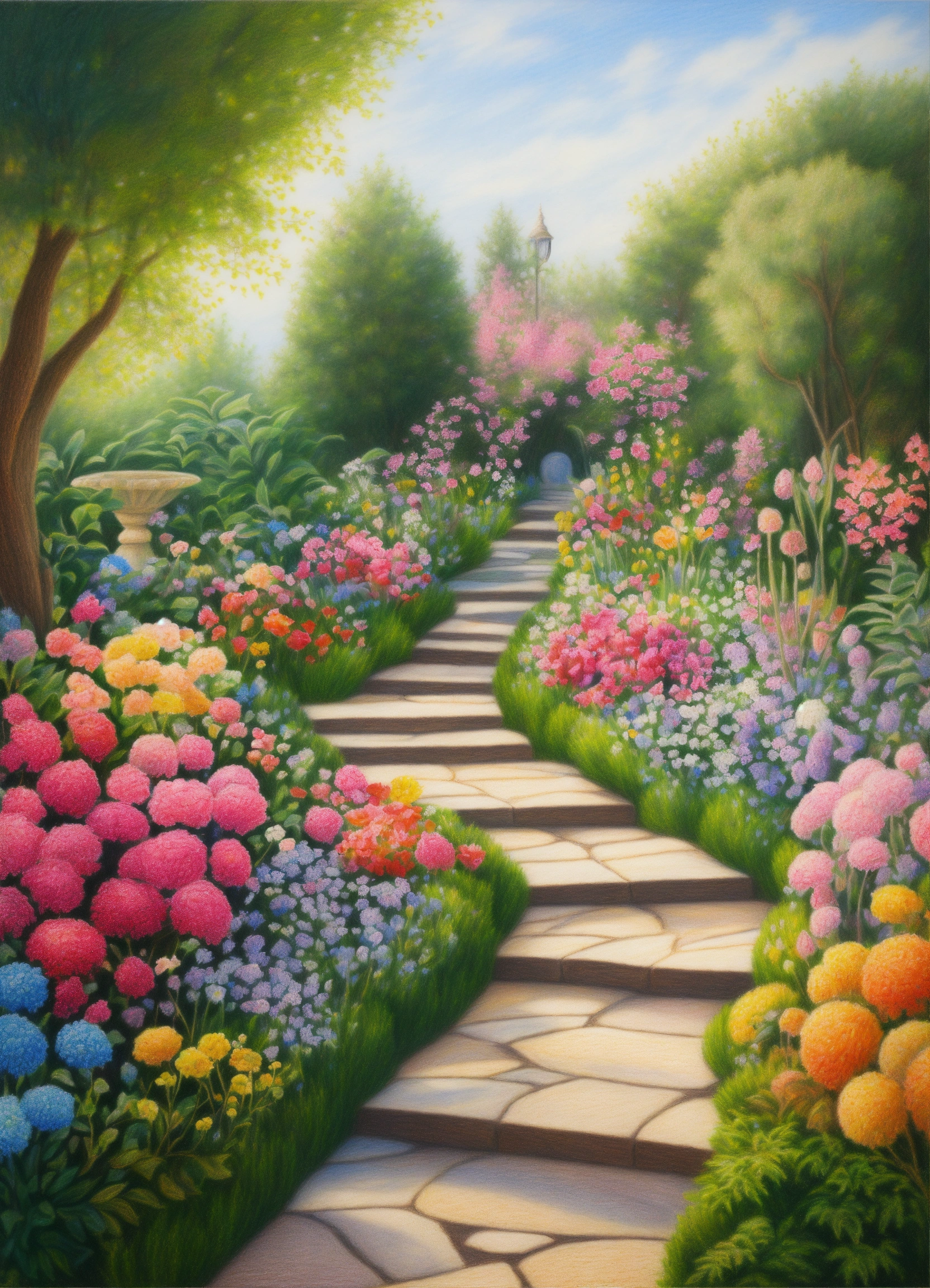 Lexica - Realistic colored pencil drawing of a beautiful garden with ...