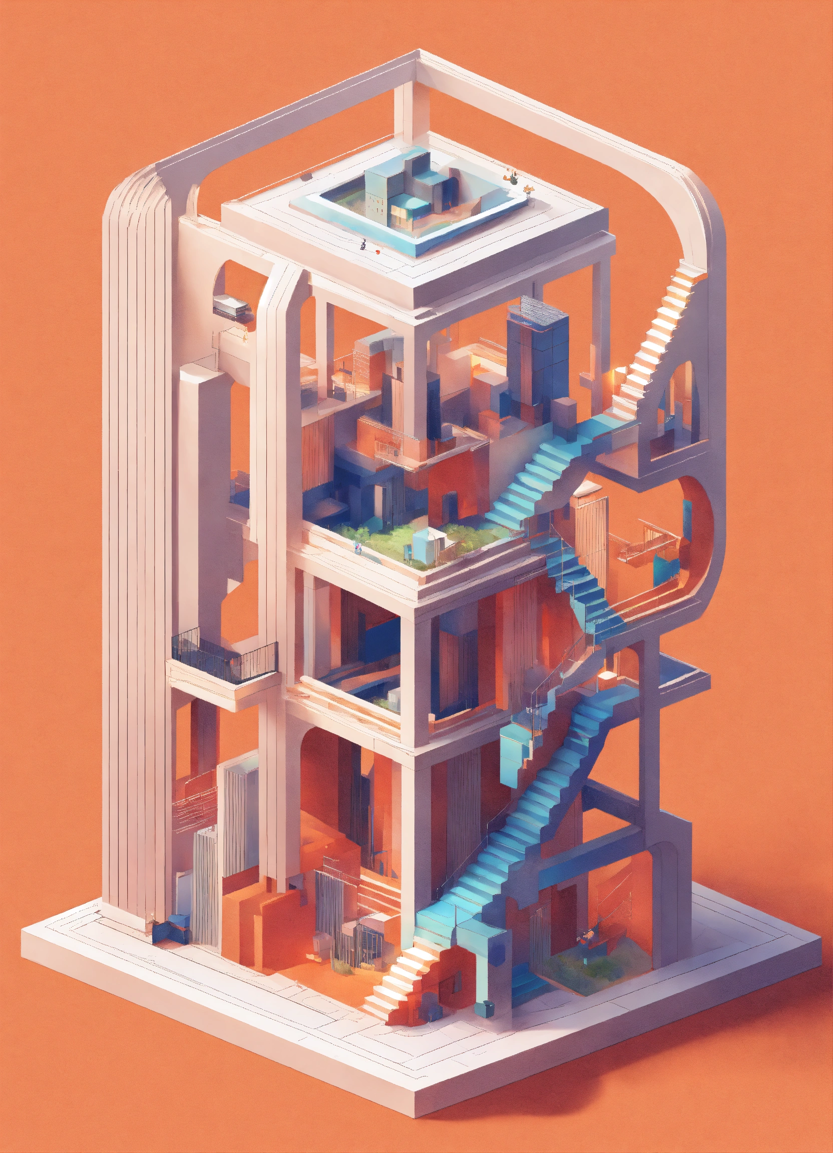 Lexica - Monument Valley style, axonometric view, staircase, cube, city ...