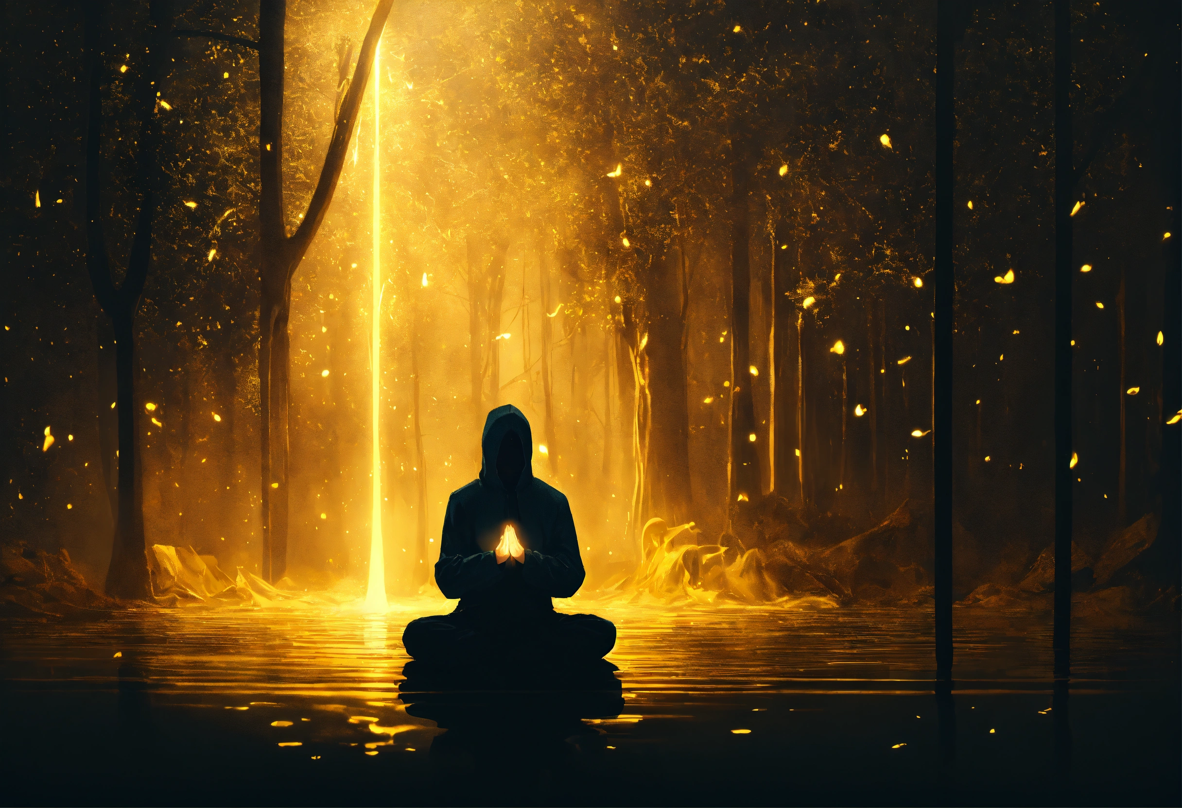 Lexica - Human praying in the dark to a golden gold unclear ghost which ...