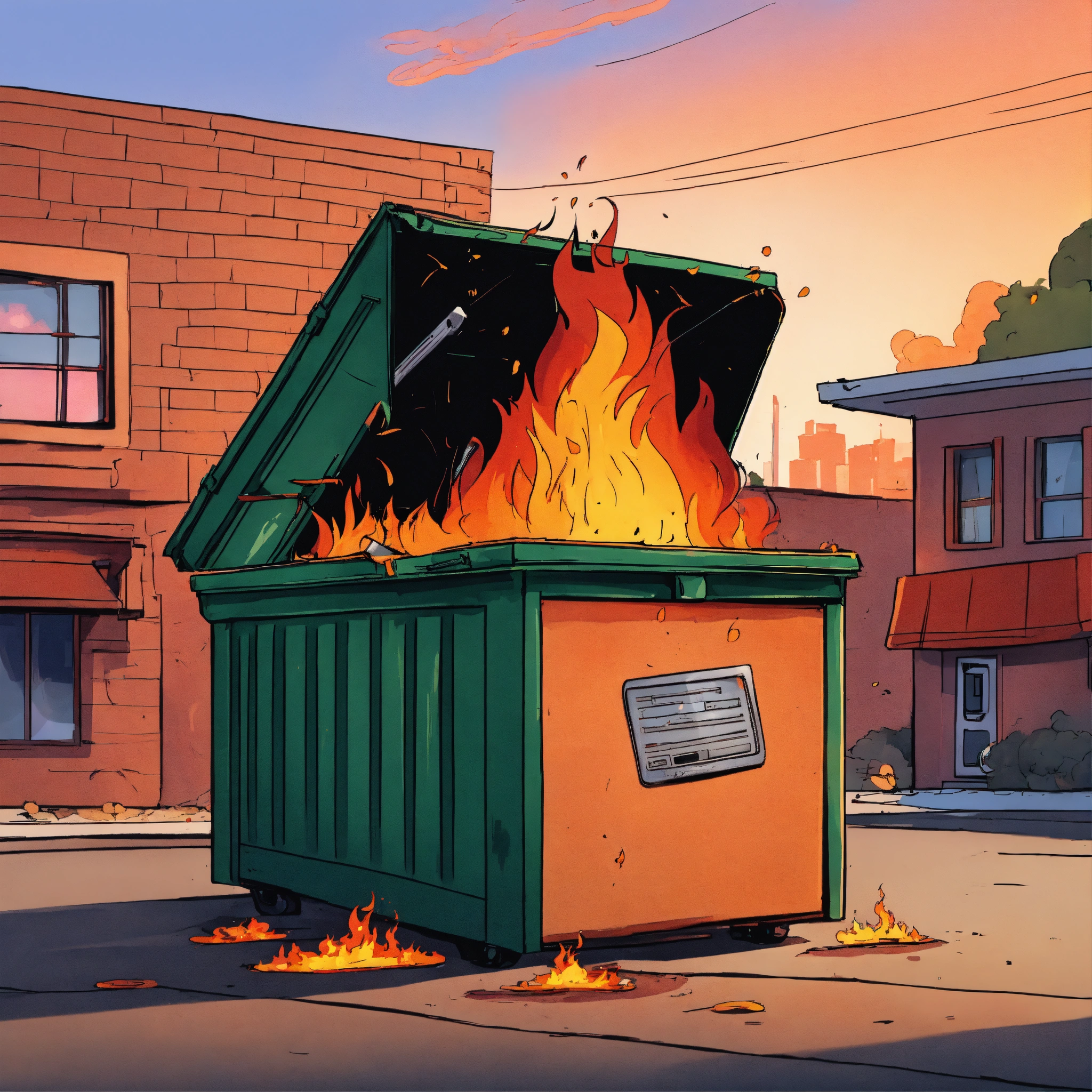 Lexica - A cartoon dumpster with flames coming out of the top, and a tv ...