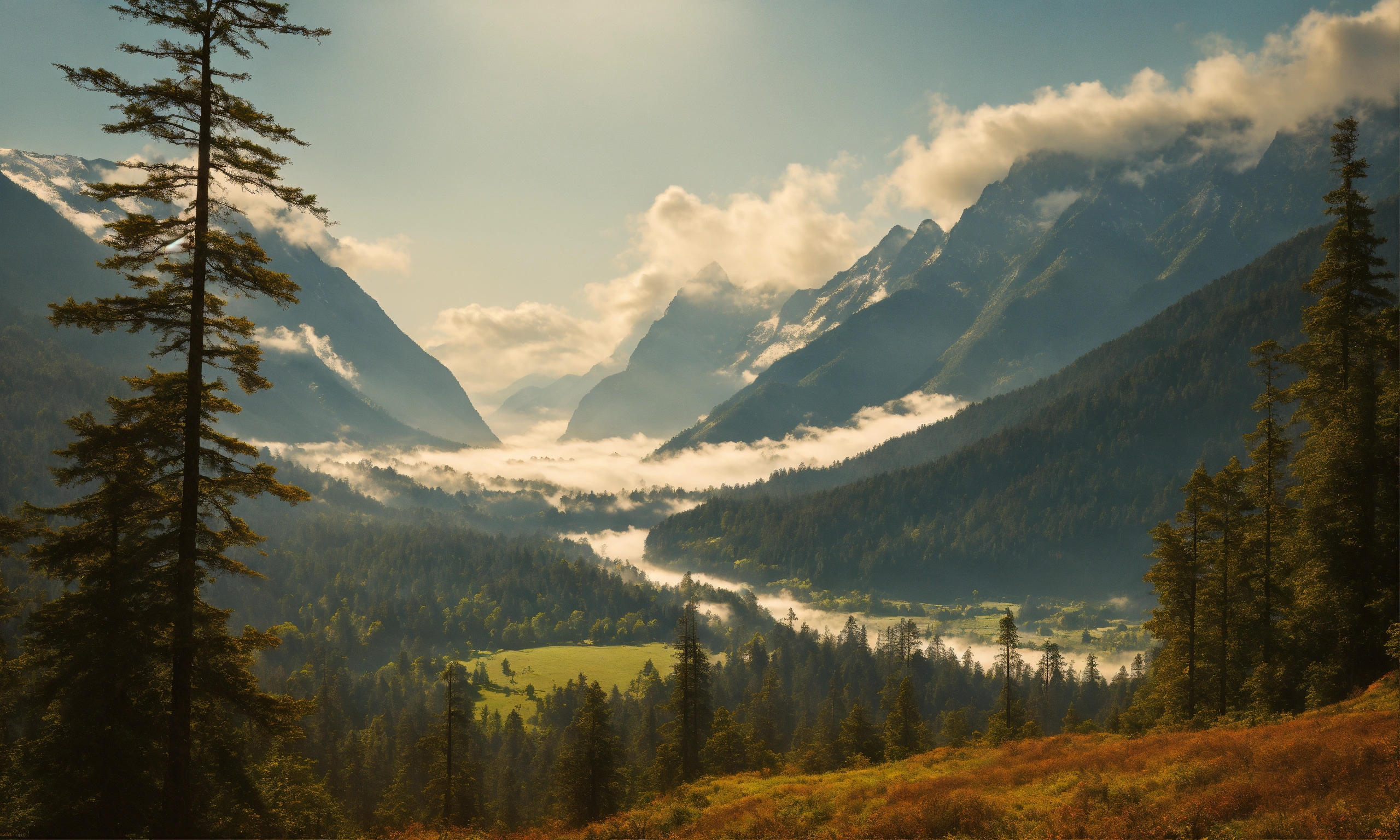 Lexica - A picturesque view looking over a valley with mist at the ...