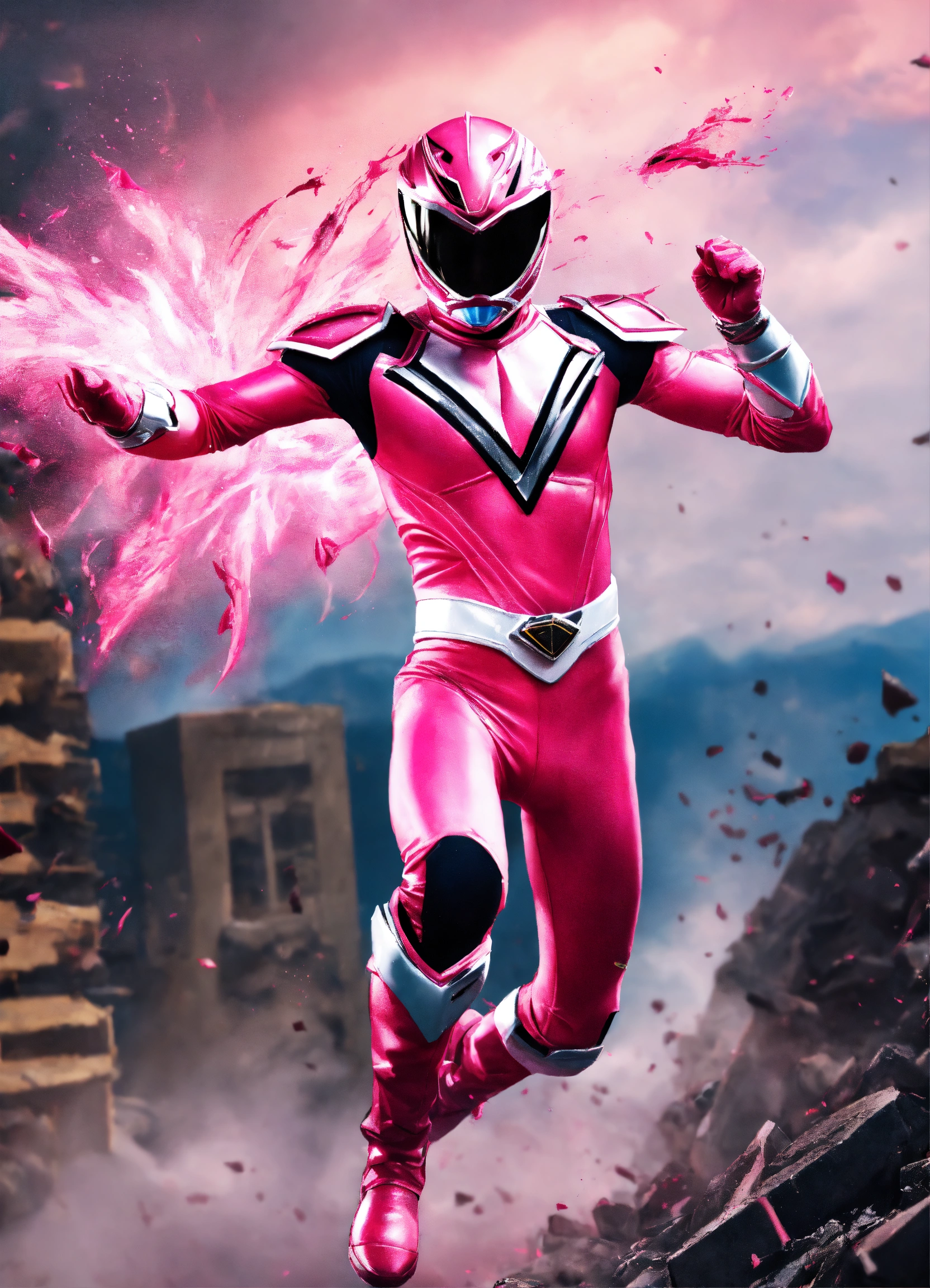 Lexica - Realistic image of the pink power ranger falling in battle ...