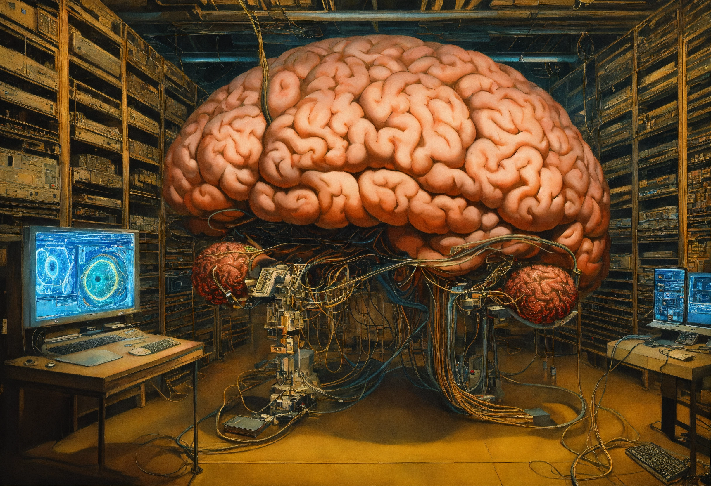 Lexica - In the center of the room, a colossal human brain is ...