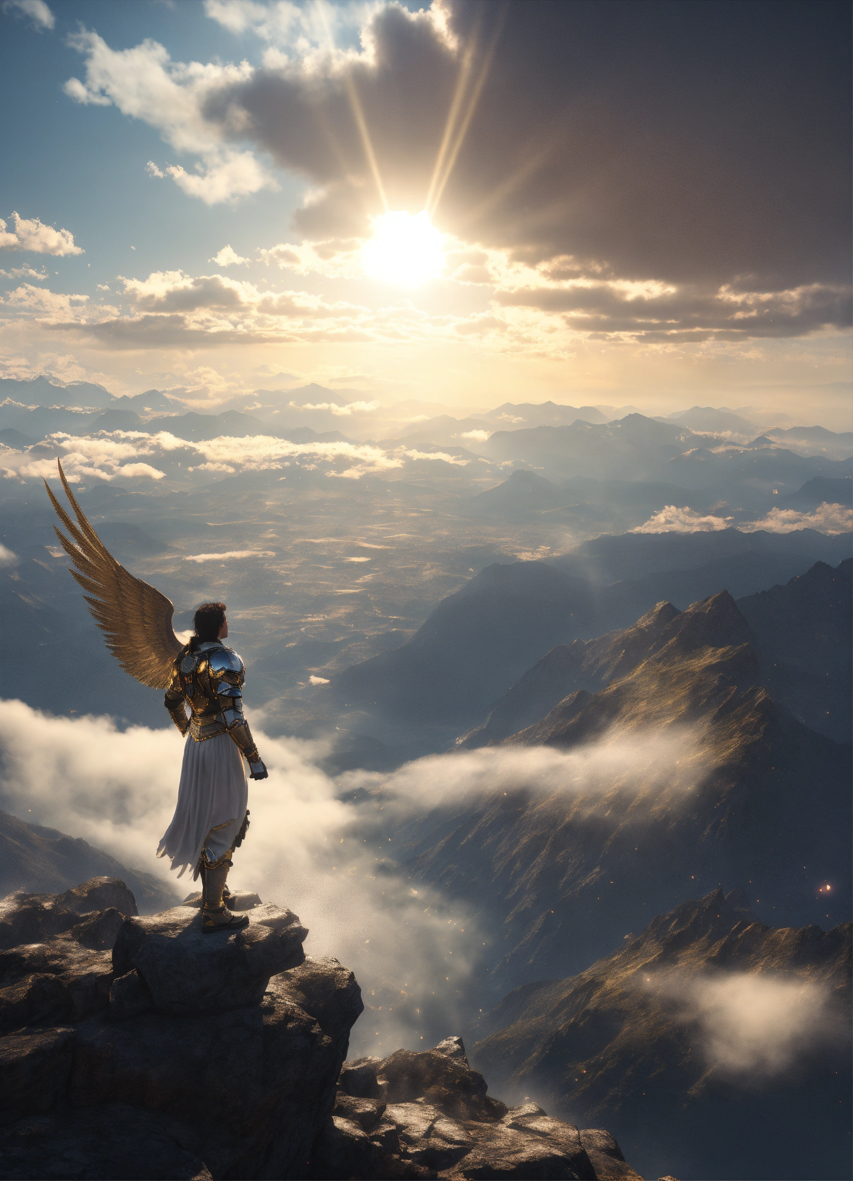 Lexica - A archangel Michael black hair in white dress flying in sky ...