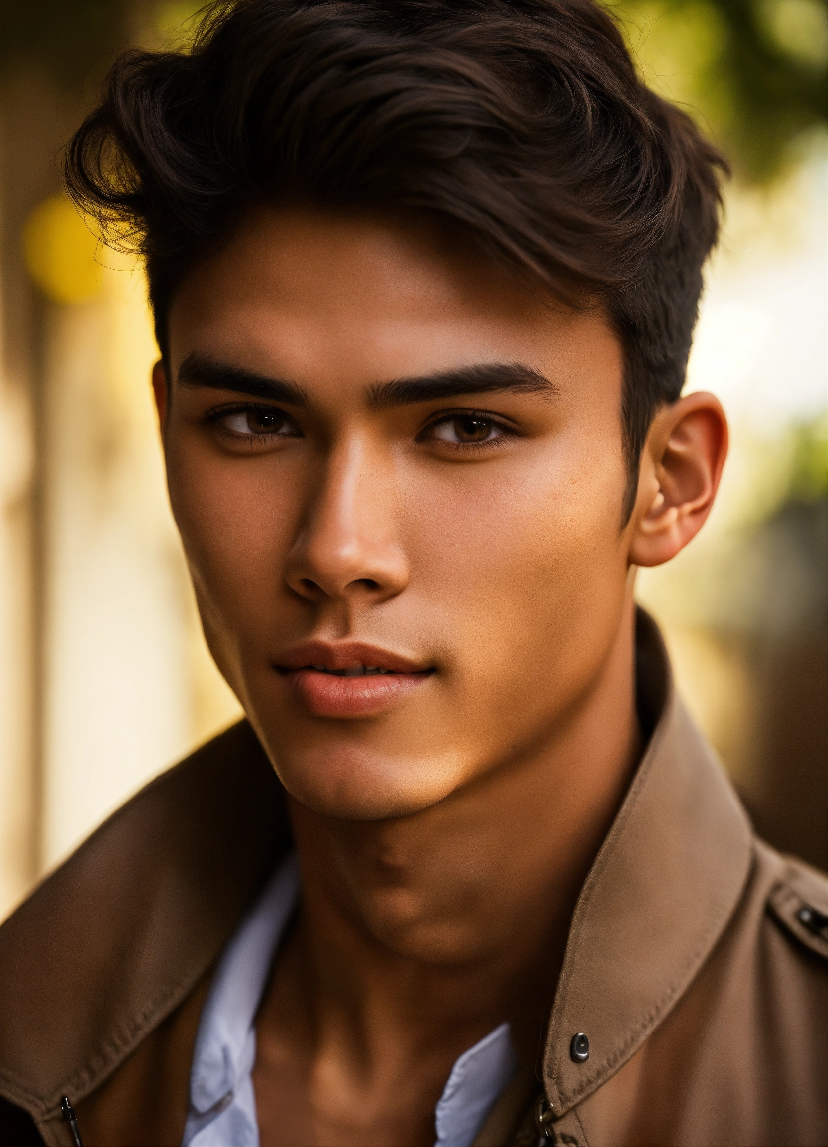 Lexica - Young man; Deep caramel tan skin, angular features; sharp ...