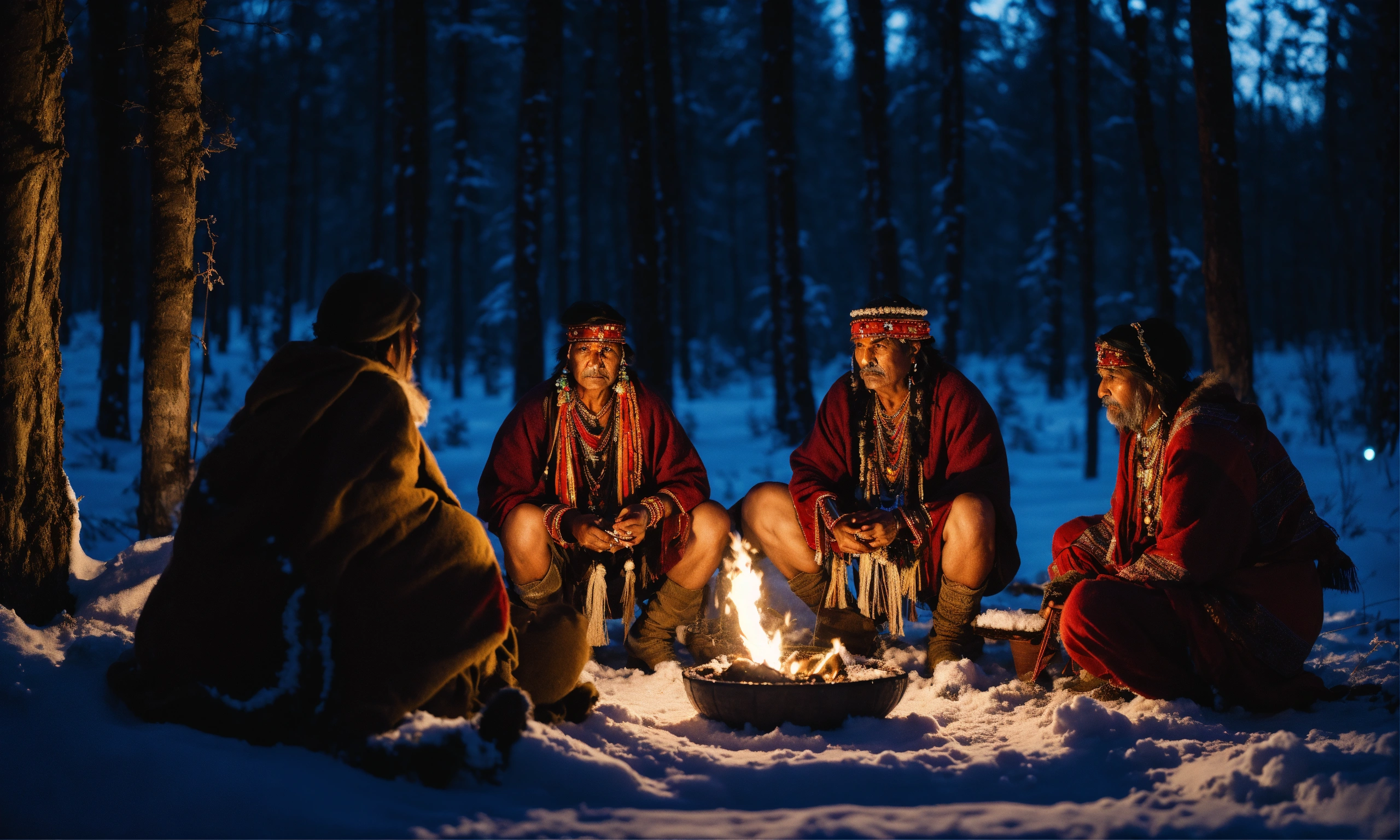 Lexica - Indian tribes in snow forest. night. cinematic. real picture.
