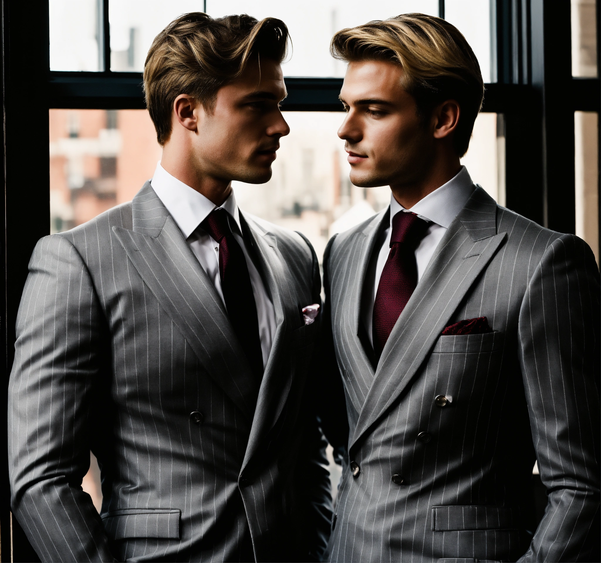 Lexica - Two blonde young male executives in light grey pinstripe double breasted suit and ...